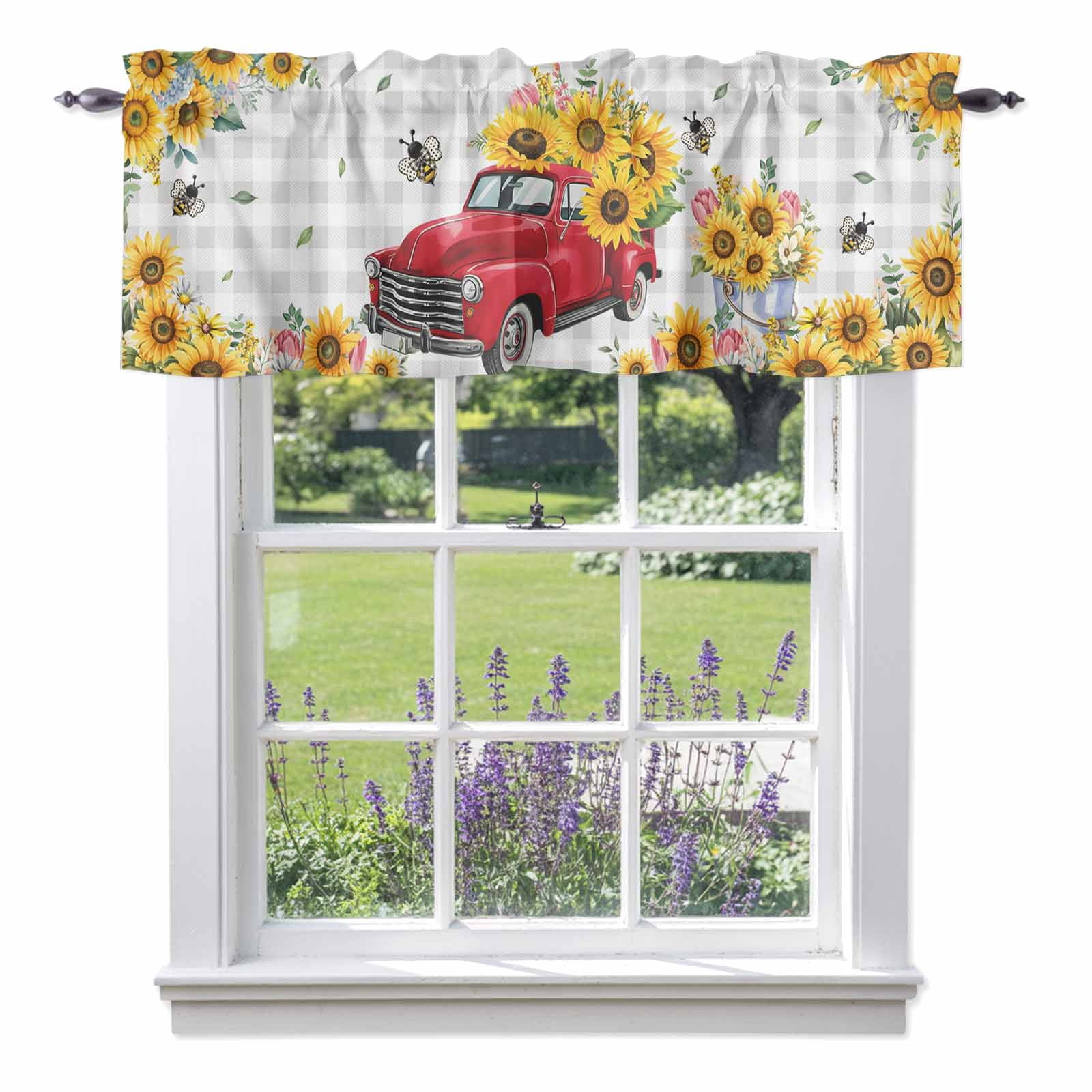 Curtain Valance for Windows, Farmhouse Sunflower Red Truck Kitchen ...