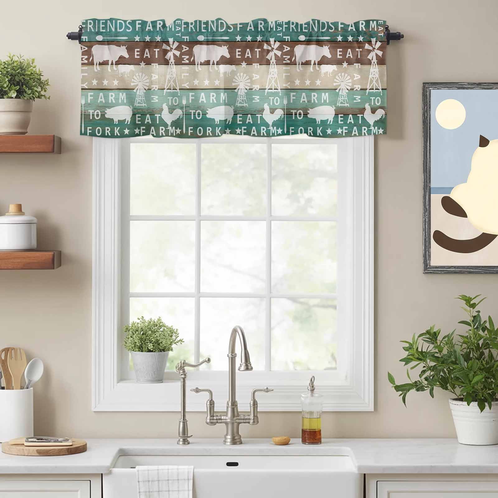 Curtain Valance for Windows, Farmhouse Theme on Retro Wood Kitchen ...
