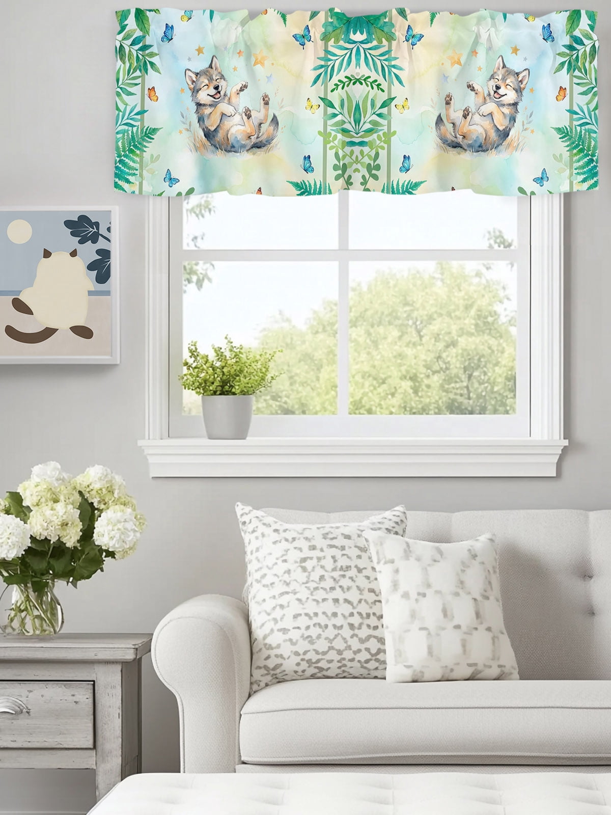 Curtain Valance for Windows, Forest Wolf Butterfly Stars Kitchen ...