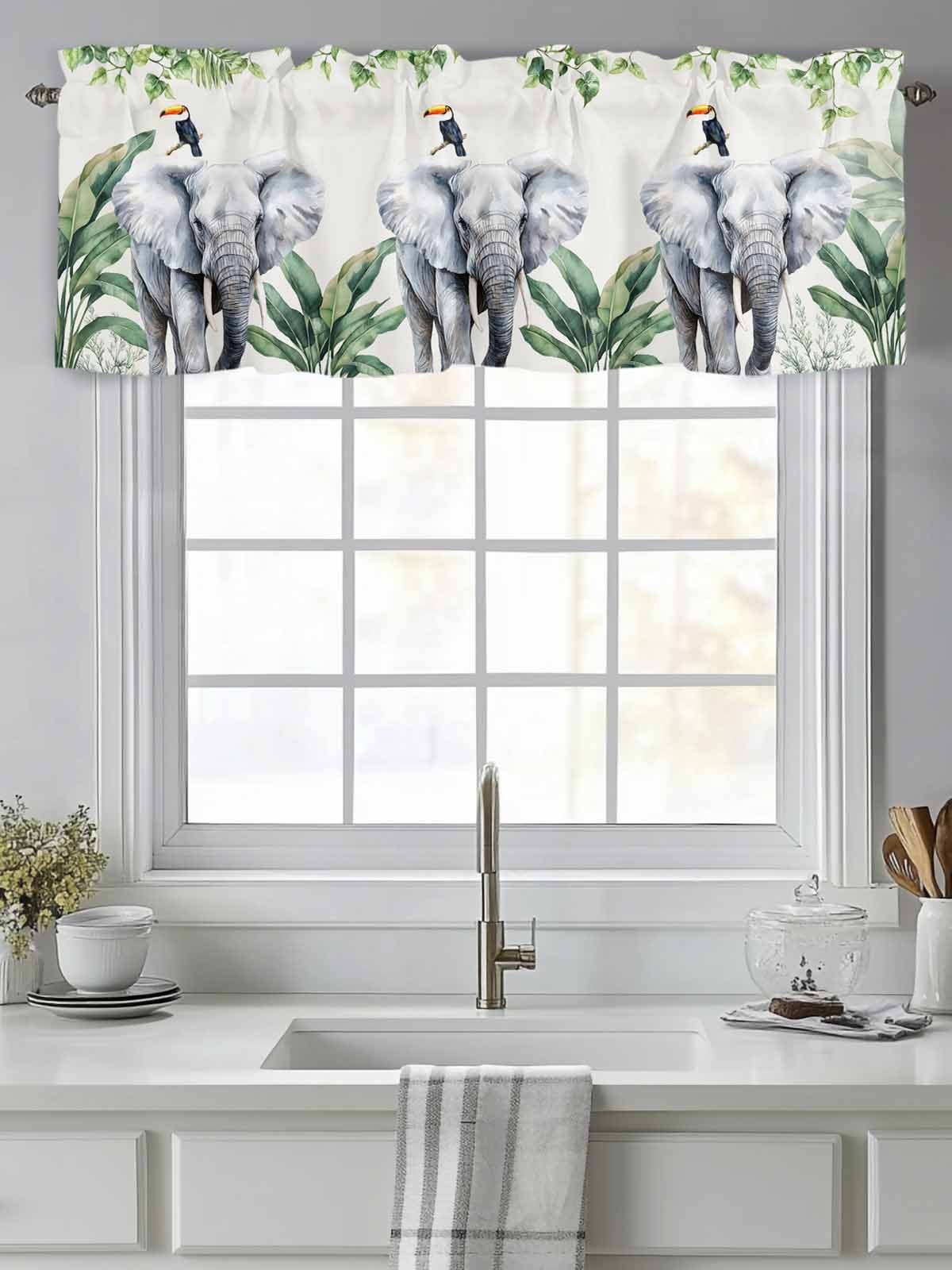 Curtain Valance for Windows,Fun Elephant Tropical Palm Leaf Kitchen ...