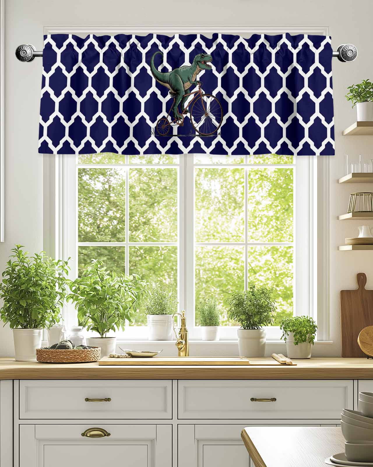 Curtain Valance for Windows,Funny Dinosaur Navy Blue Morocco Kitchen ...