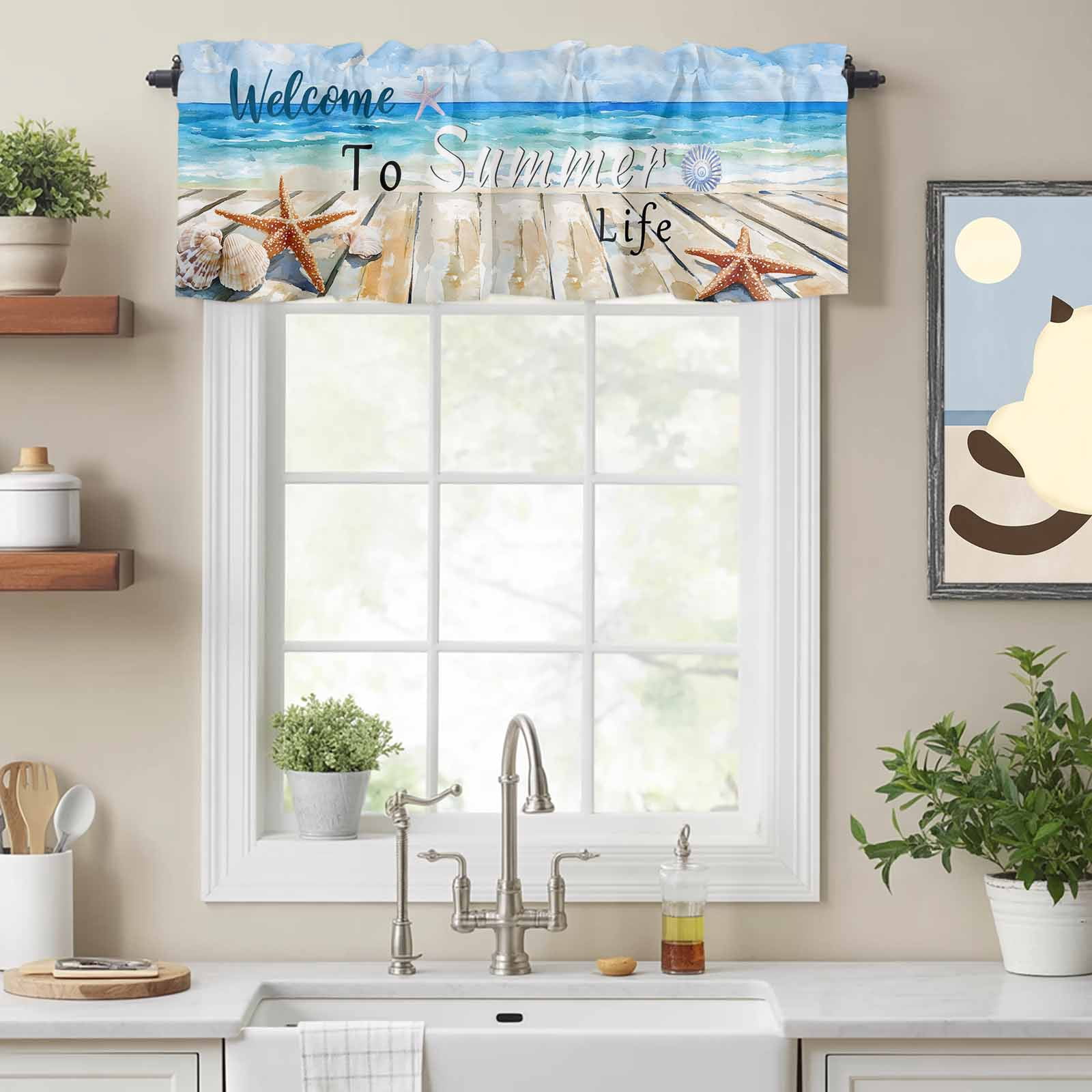 Curtain Valance for Windows, Gradient Blue Ocean Beach Starfish Kitchen ...