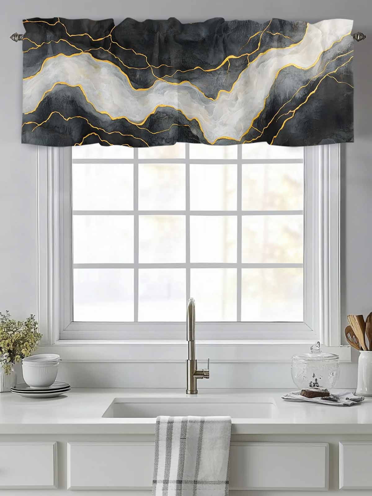 Curtain Valance for Windows,Gray Gradient Marble Gold Stripe Kitchen ...