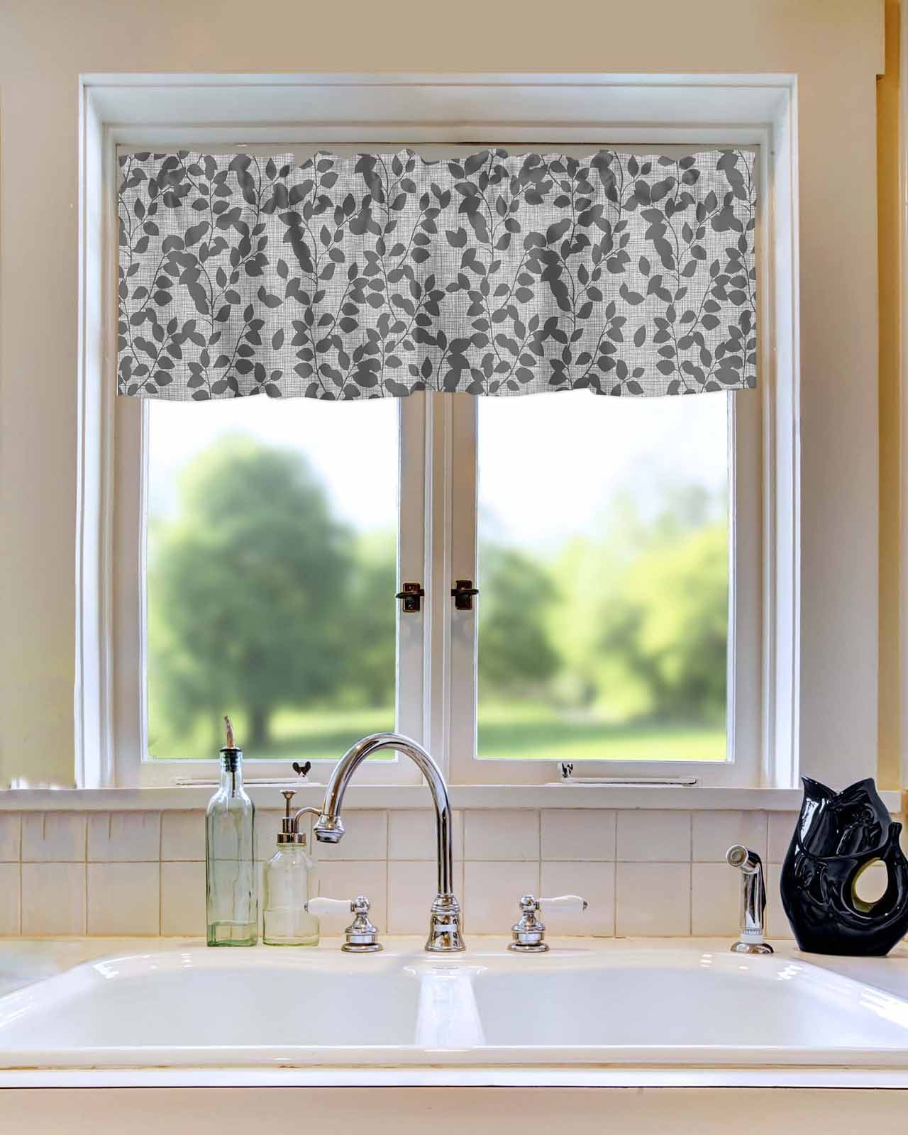 Curtain Valance for Windows Gray Overlay Leaves Seamless Kitchen ...