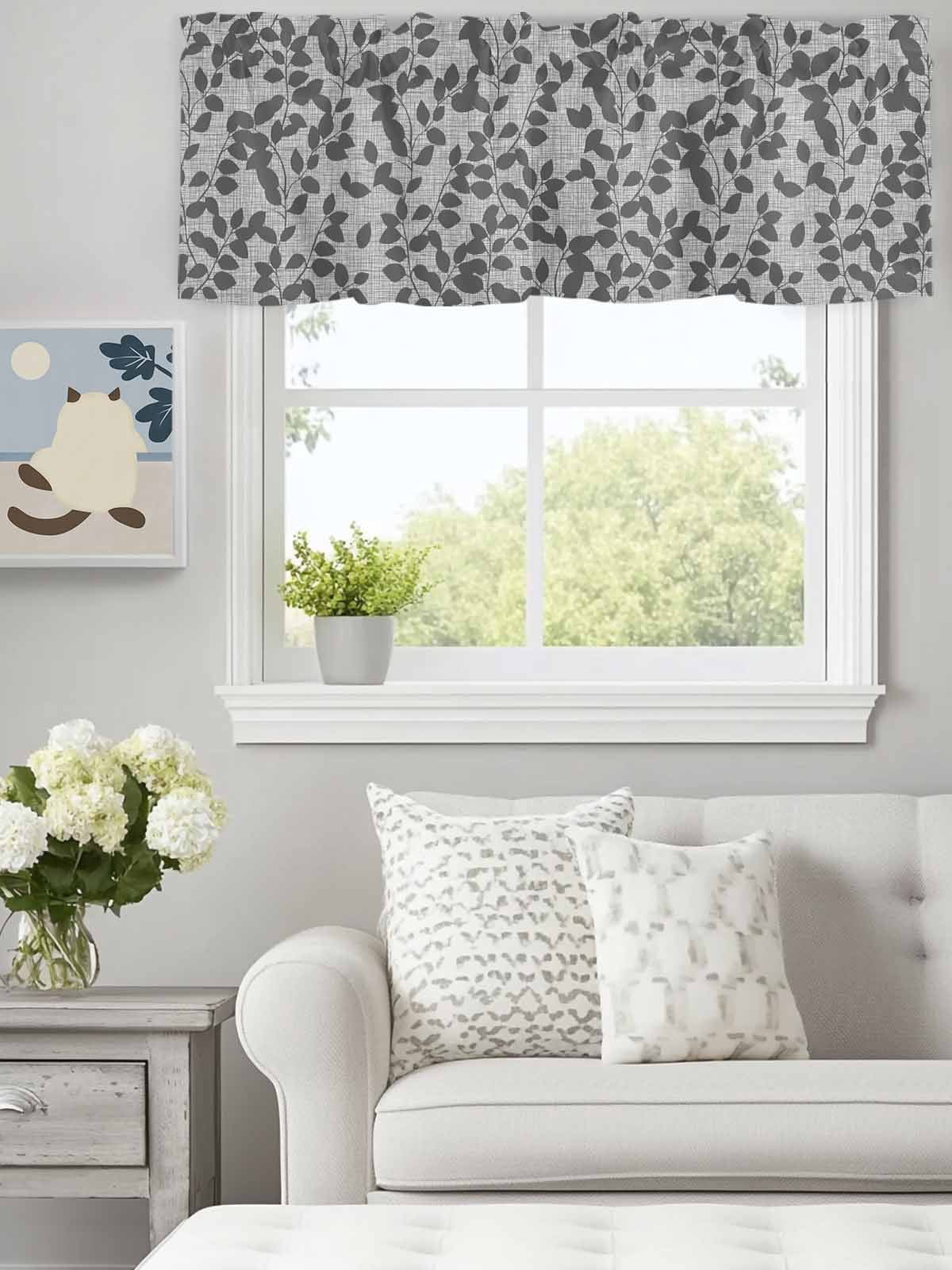 Curtain Valance for Windows, Gray Overlay Leaves Seamless Kitchen ...