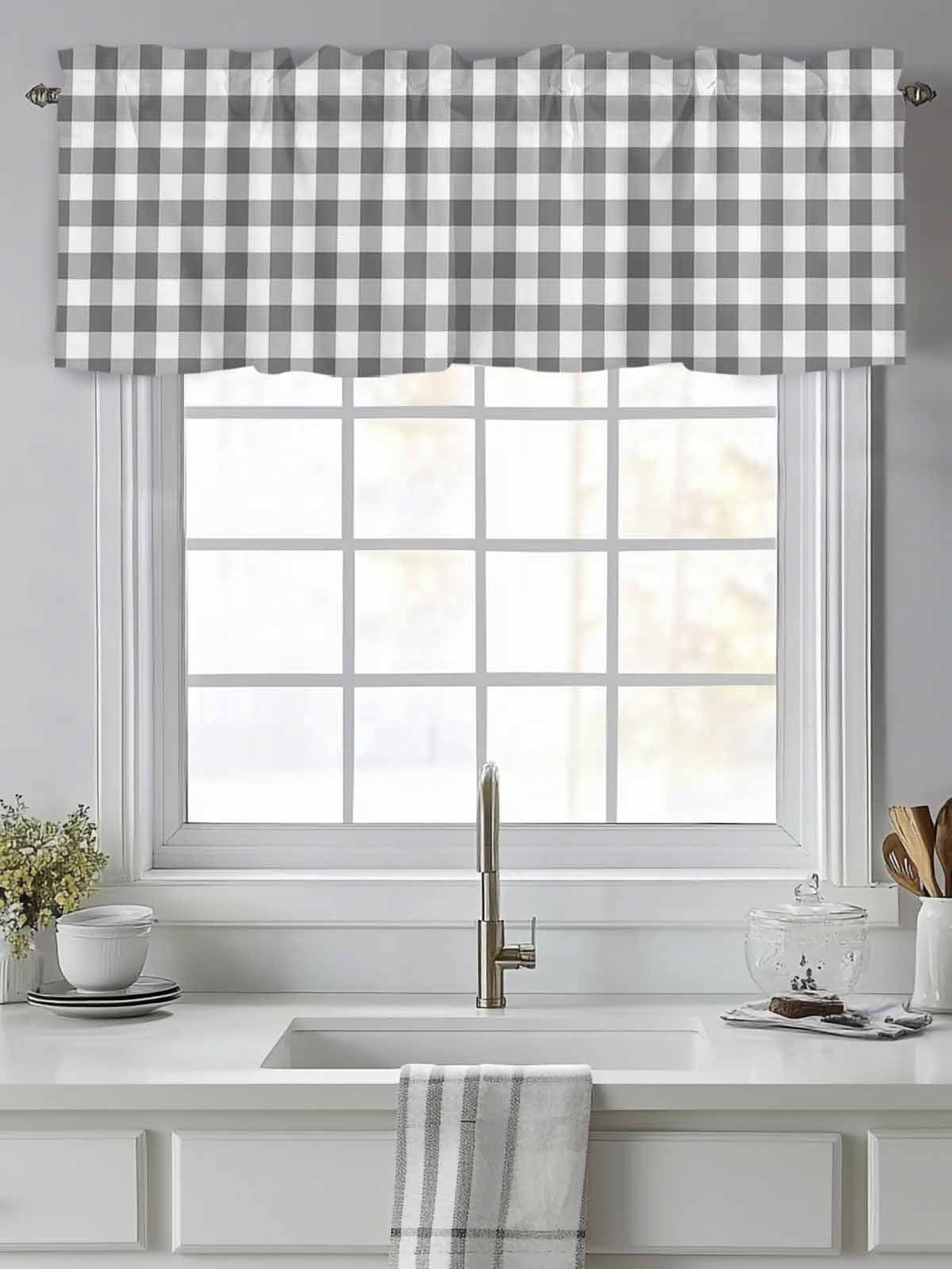 Curtain Valance for Windows,Gray and White Plaid Kitchen Valances Rod ...