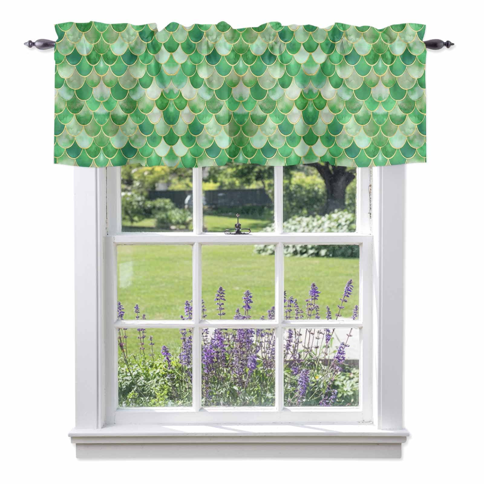 Curtain Valance for Windows, Green Mermaid Scales Kitchen Valances Rod ...