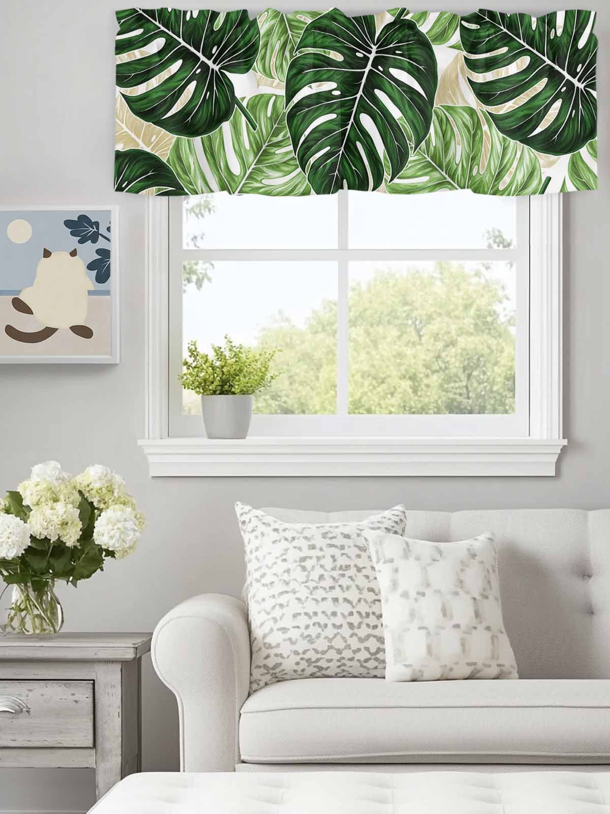 Curtain Valance for Windows,Green Palm Leaf Tropical Plant Kitchen Valances Rod Pocket Short ...