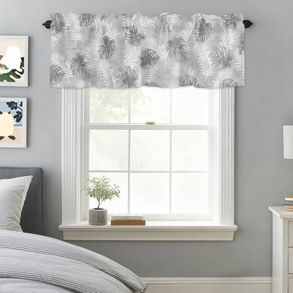 Curtain Valance for Windows, Grey Palm Leaves Monstera Leaf Kitchen ...