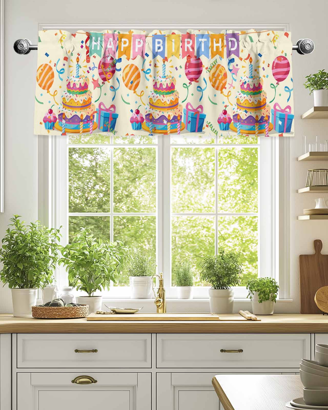 Curtain Valance for Windows,Happy Birthday Cake Balloon Firework ...