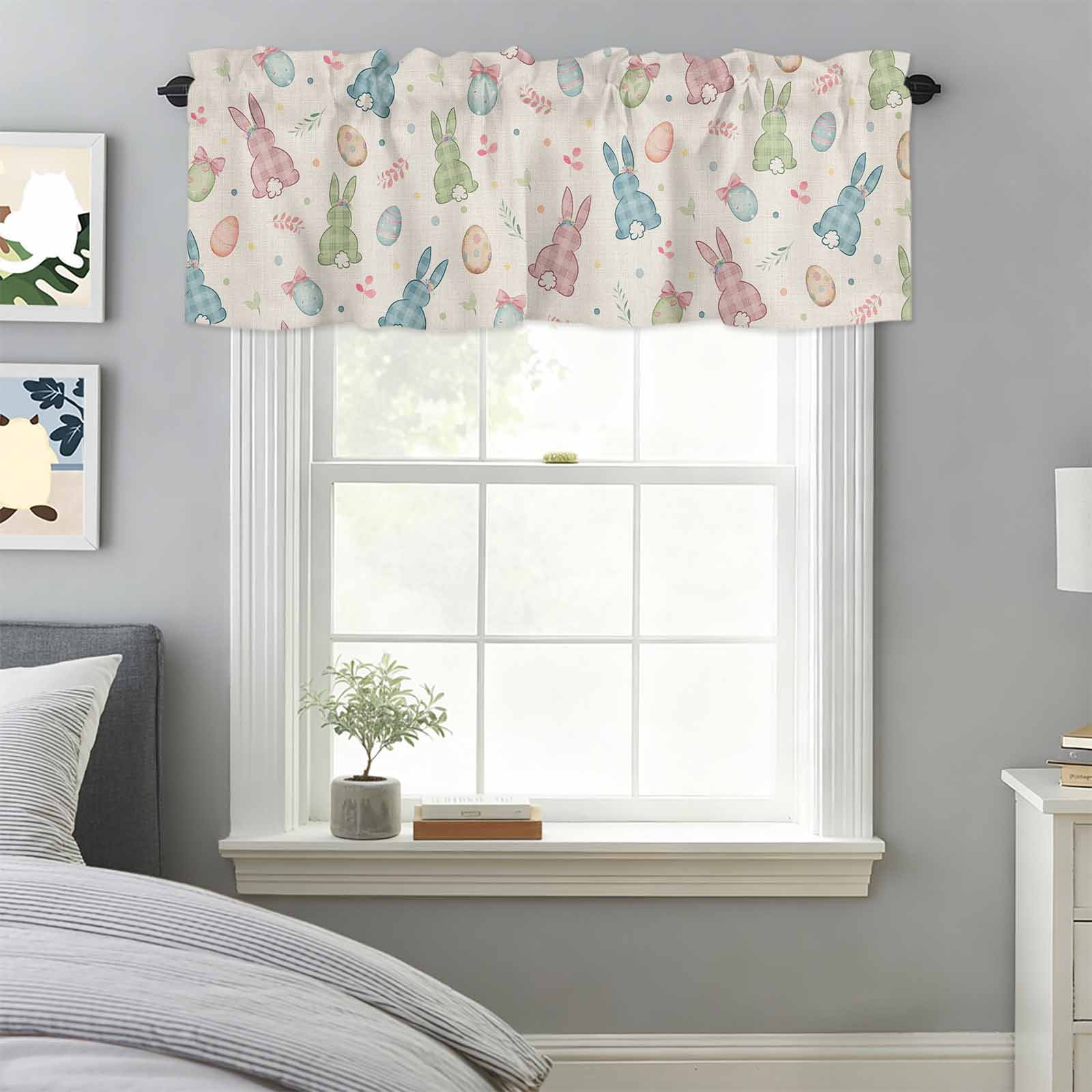 Curtain Valance for Windows, Happy Easter Cute Plaid Bunny Kitchen ...