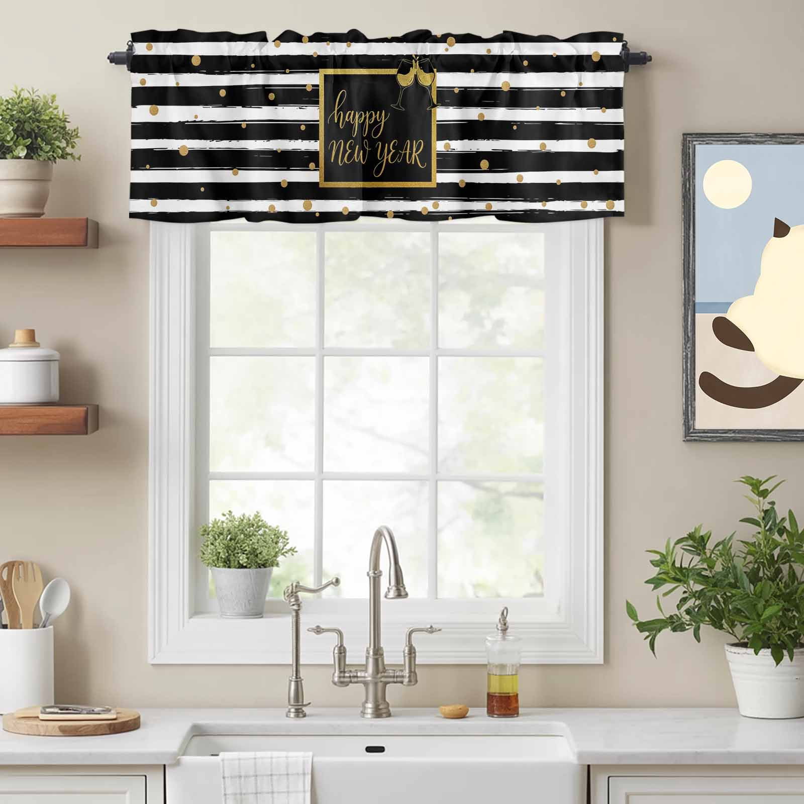 Curtain Valance for Windows, Happy New Year Words Kitchen Valances Rod ...
