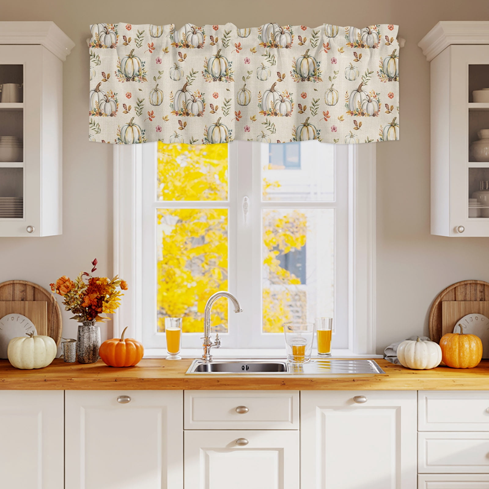 Curtain Valance for Windows, Harvest Pumpkin Fall Thanksgiving Kitchen ...