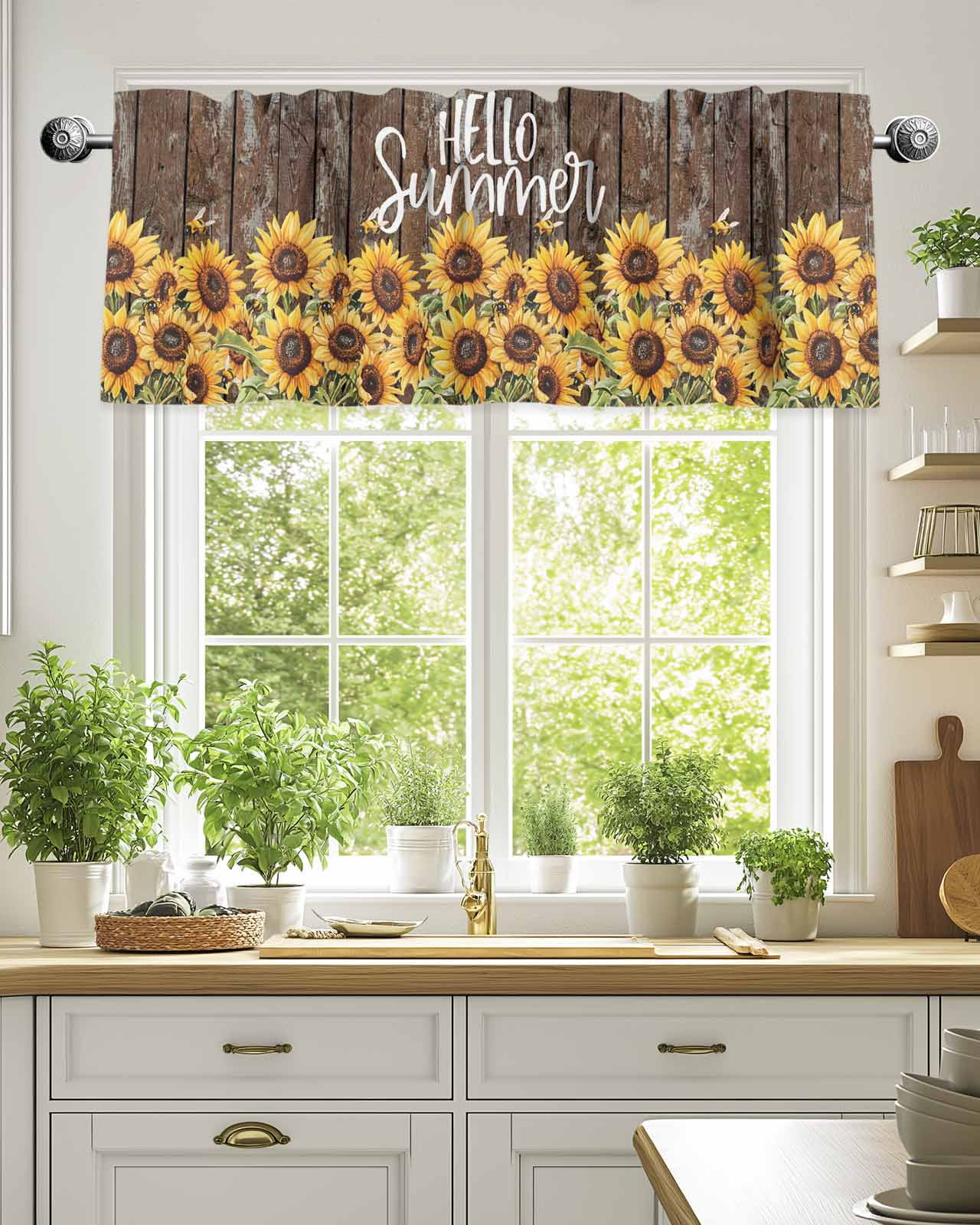 Curtain Valance for Windows,Hello Summer Sunflower Kitchen Valances Rod ...