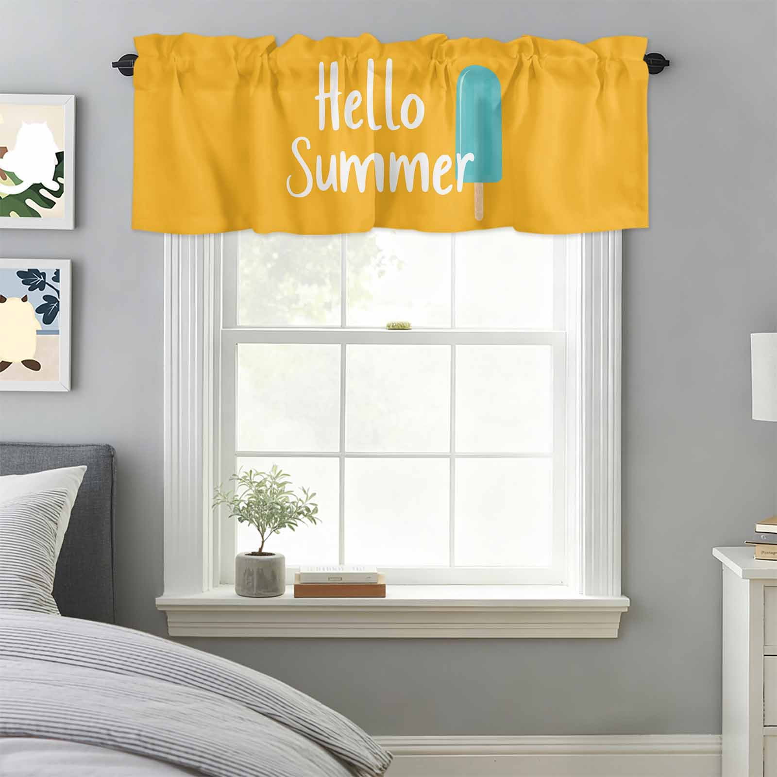 Curtain Valance for Windows, Hello Summer Text Ice Cream on Orange ...