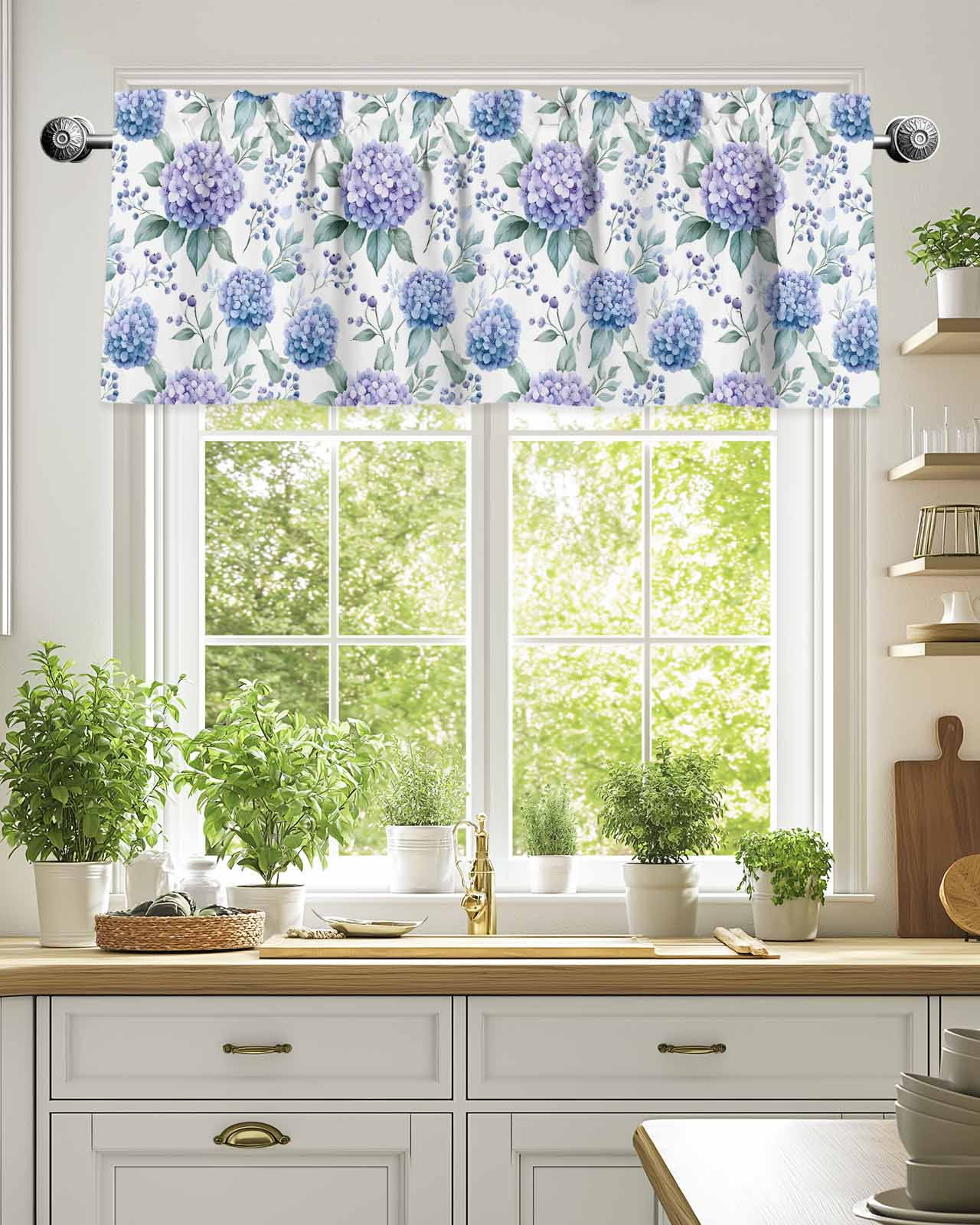 Curtain Valance for Windows,Hydrangea Flower Eucalyptus Leaf Kitchen Valances Rod Pocket Short ...
