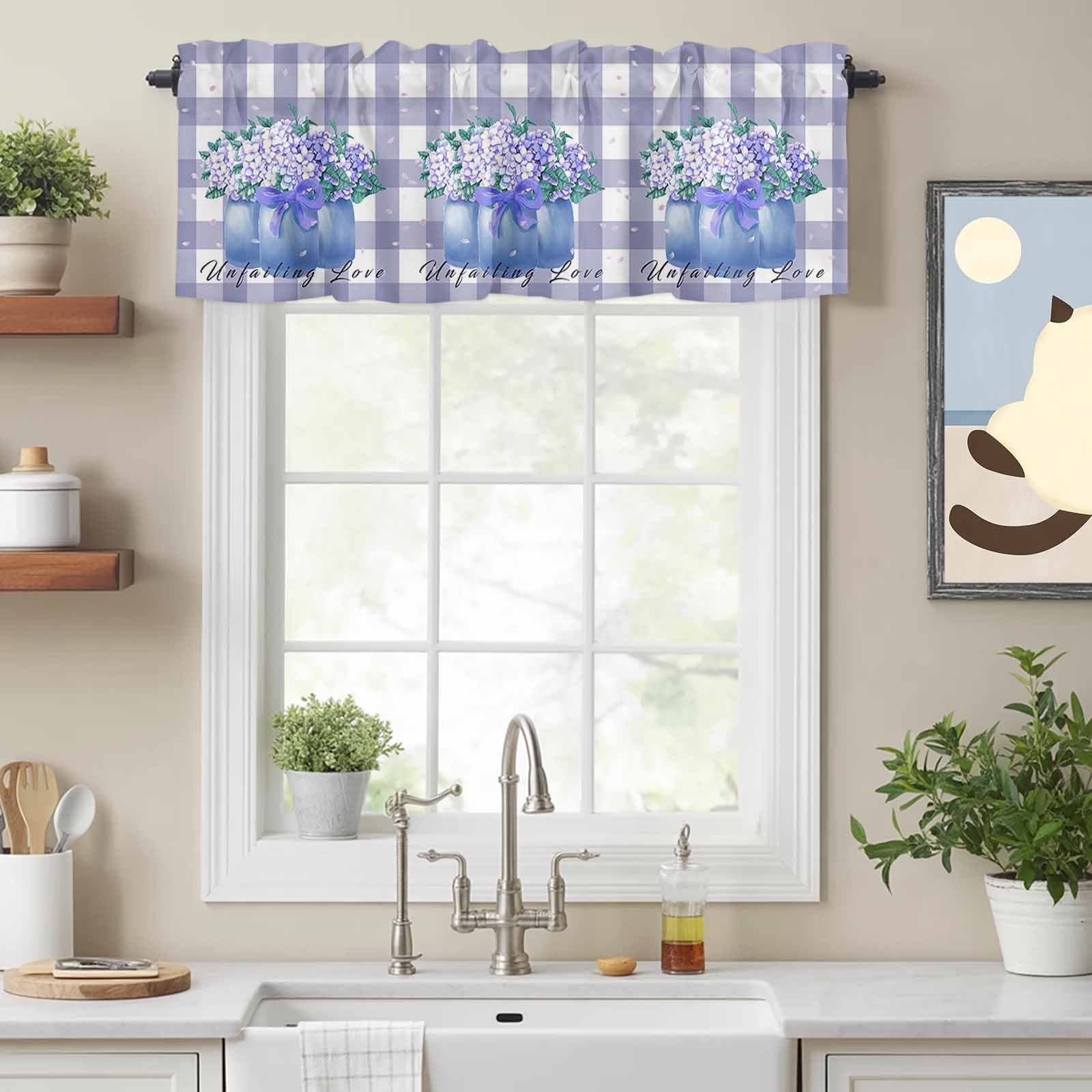 Curtain Valance for Windows, Hydrangea Flower in Glass Vase Kitchen ...