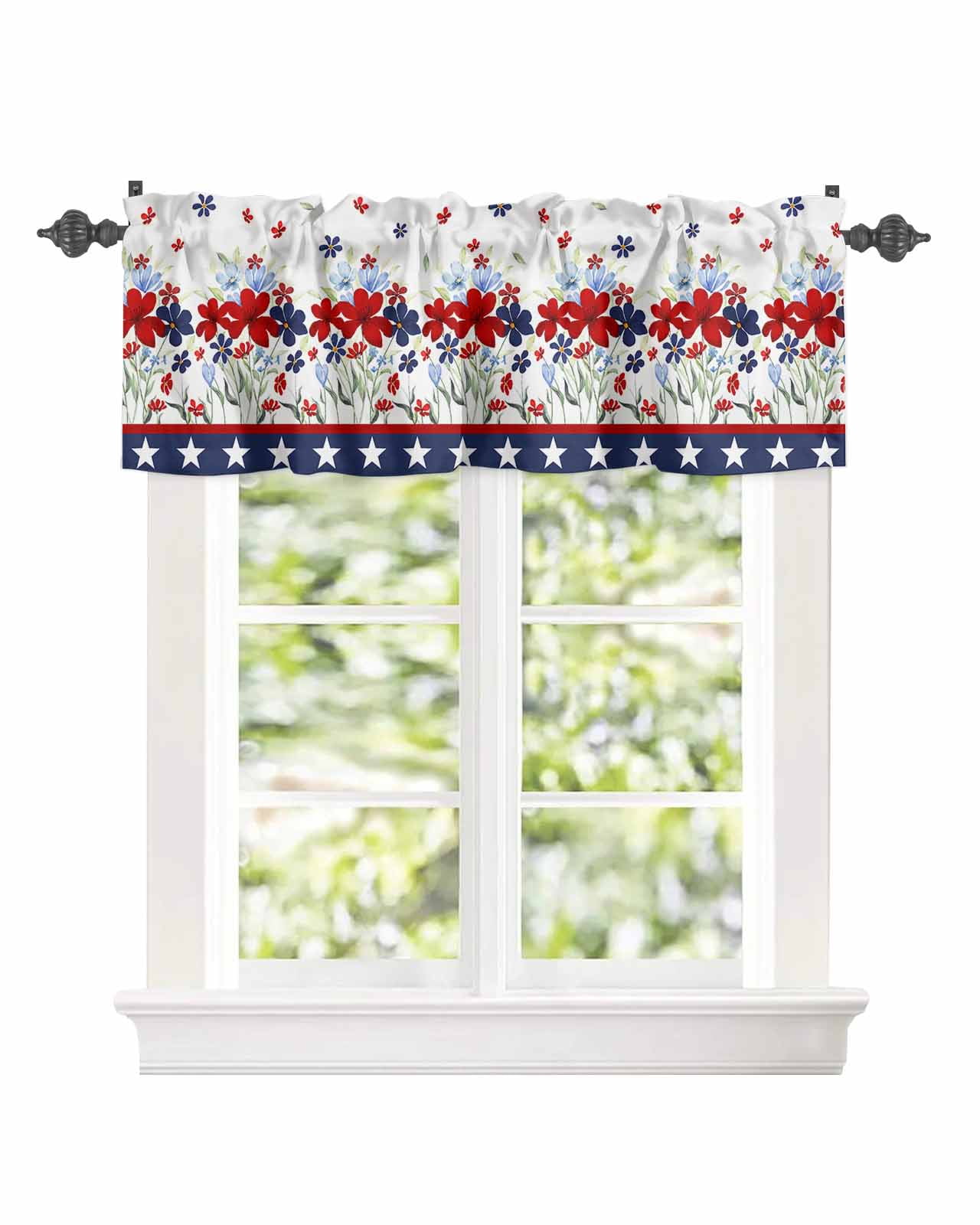 Curtain Valance for Windows Independence Day Red Blue Flower on White ...
