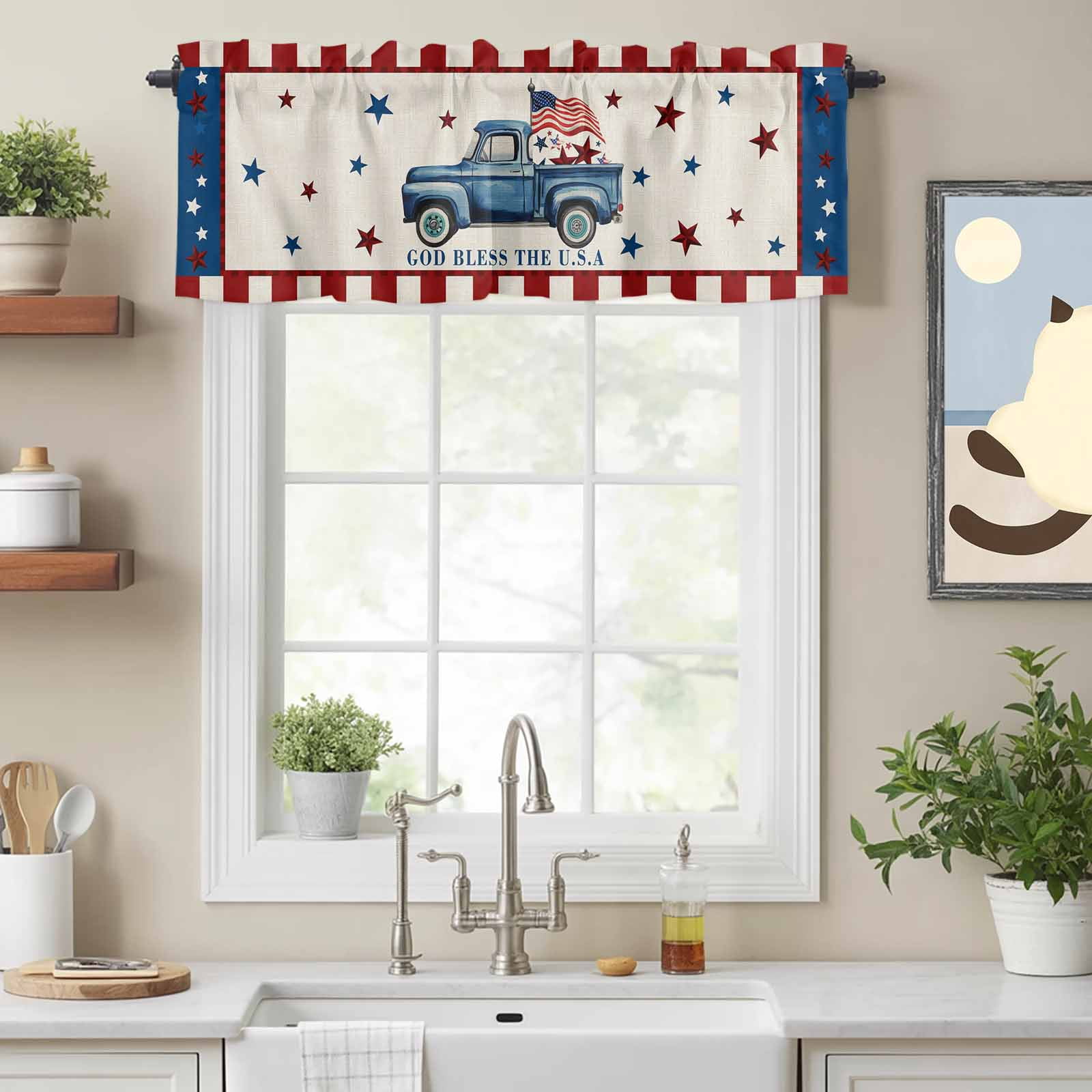 Curtain Valance for Windows, Independence Day USA Flag Blue Truck ...