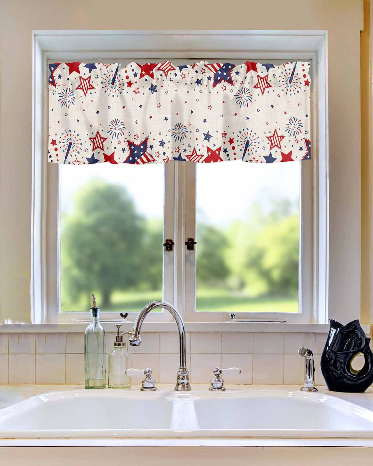 Curtain Valance for Windows July Patriotic USA Flag Stars Fireworks Kitchen Valances Rod Pocket ...