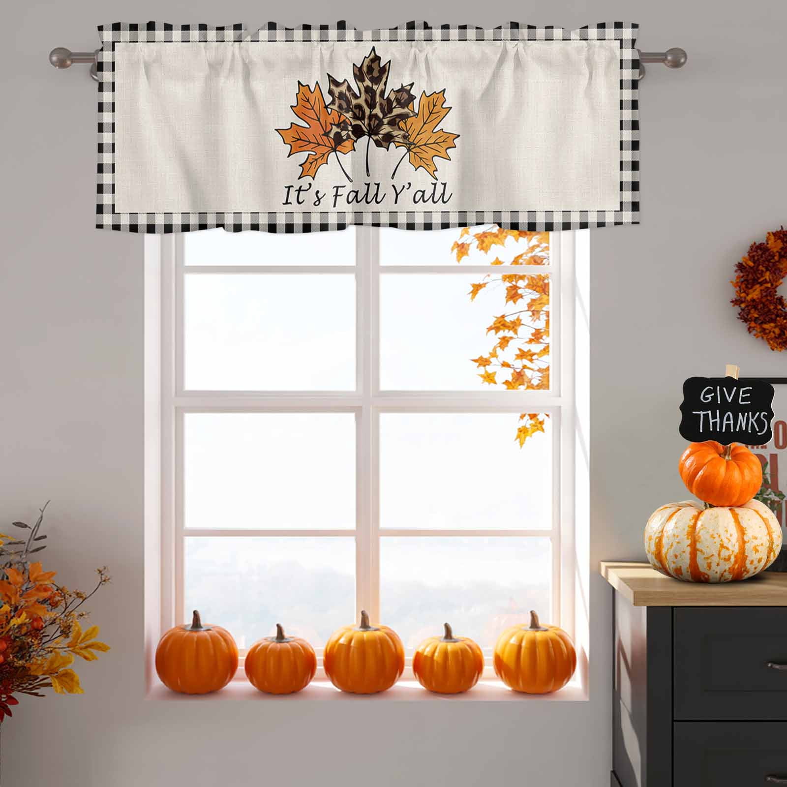 Curtain Valance for Windows, Leopard Maple Leaf Thanksgiving Fall Y'all ...