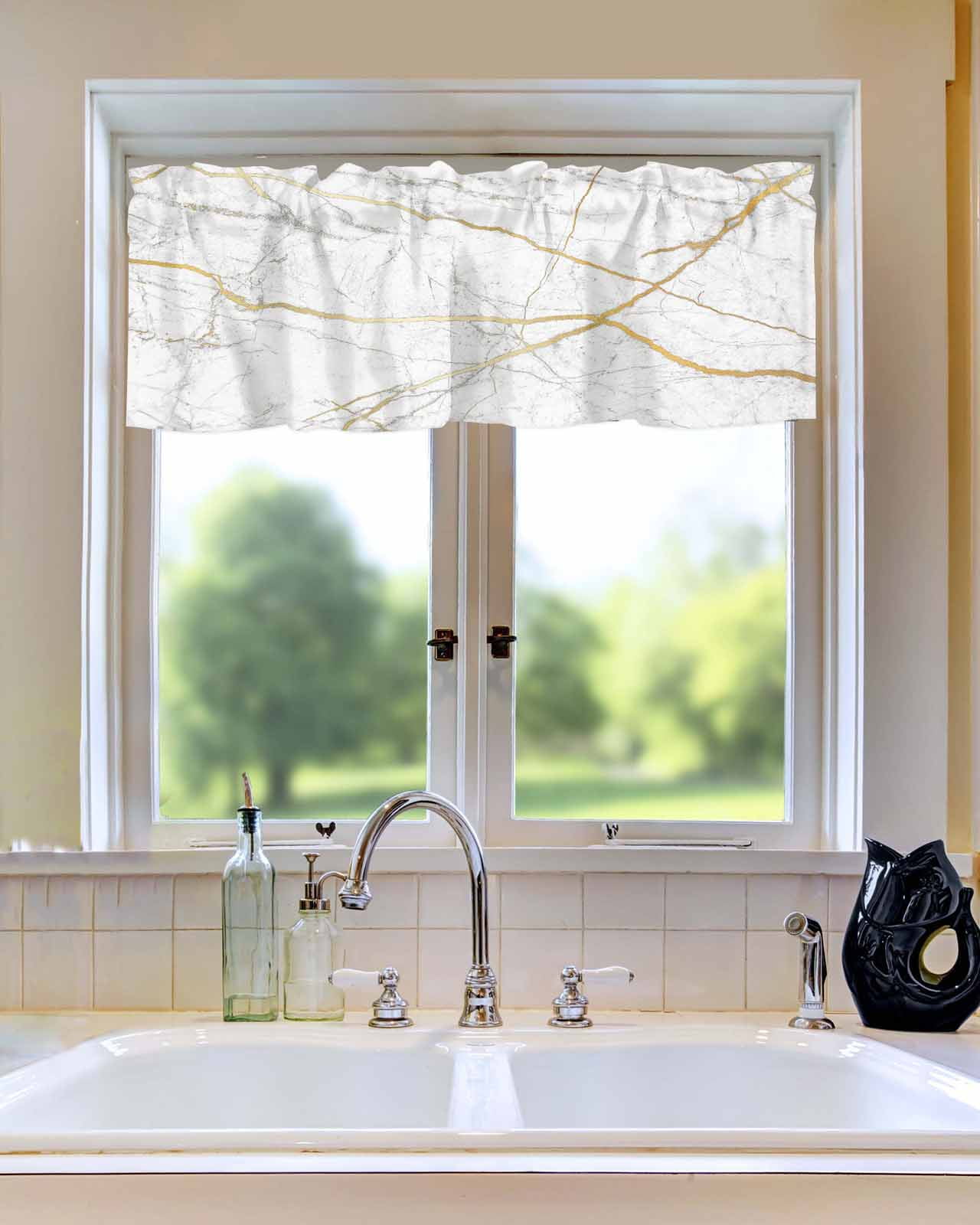 Curtain Valance for Windows Marble Texture Gray Golden Kitchen Valances ...