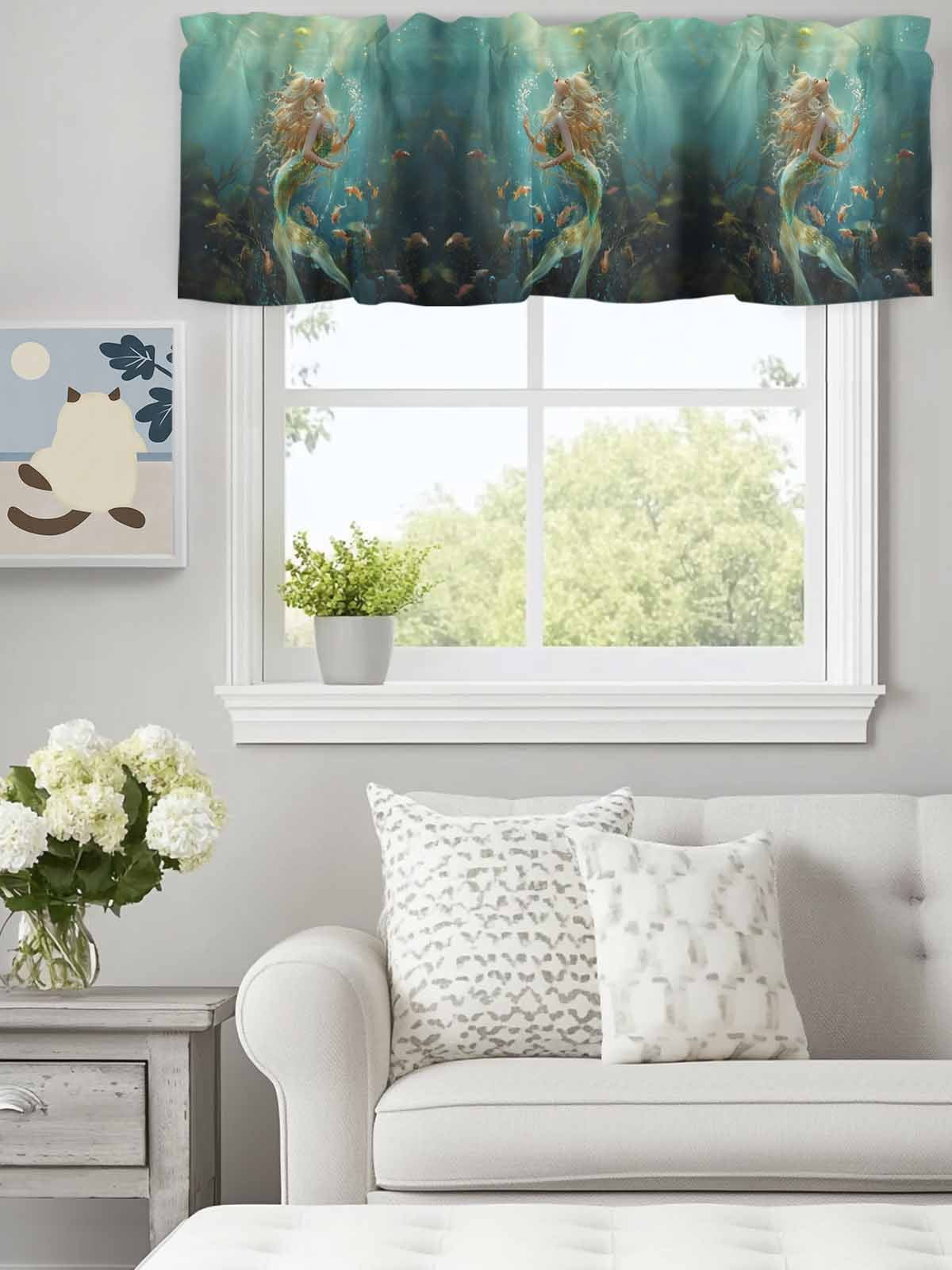 Curtain Valance for Windows, Marine Beautiful Mermaid Fish Kitchen ...