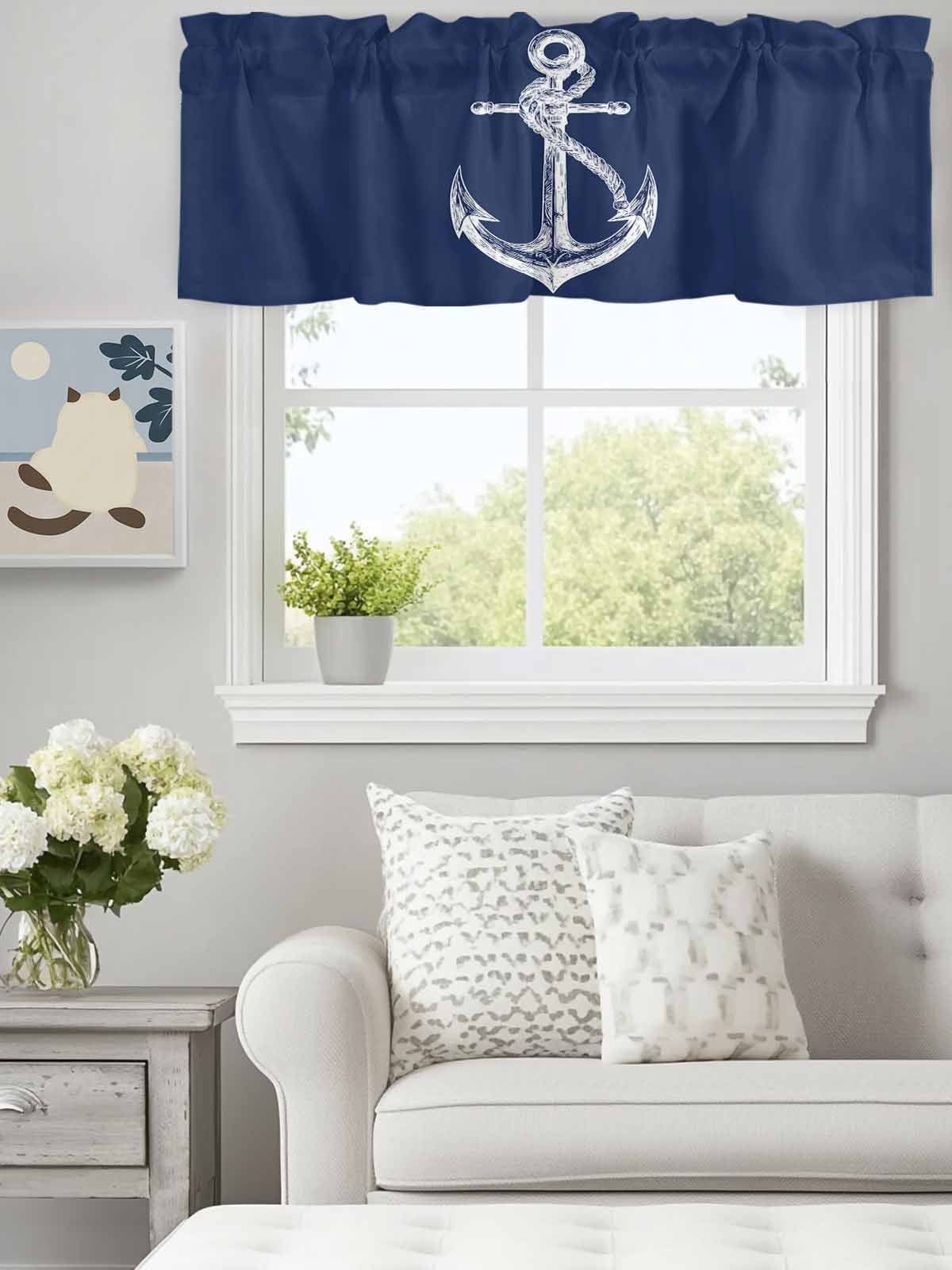 Curtain Valance for Windows, Marine Coastal Anchor on Military Blue ...