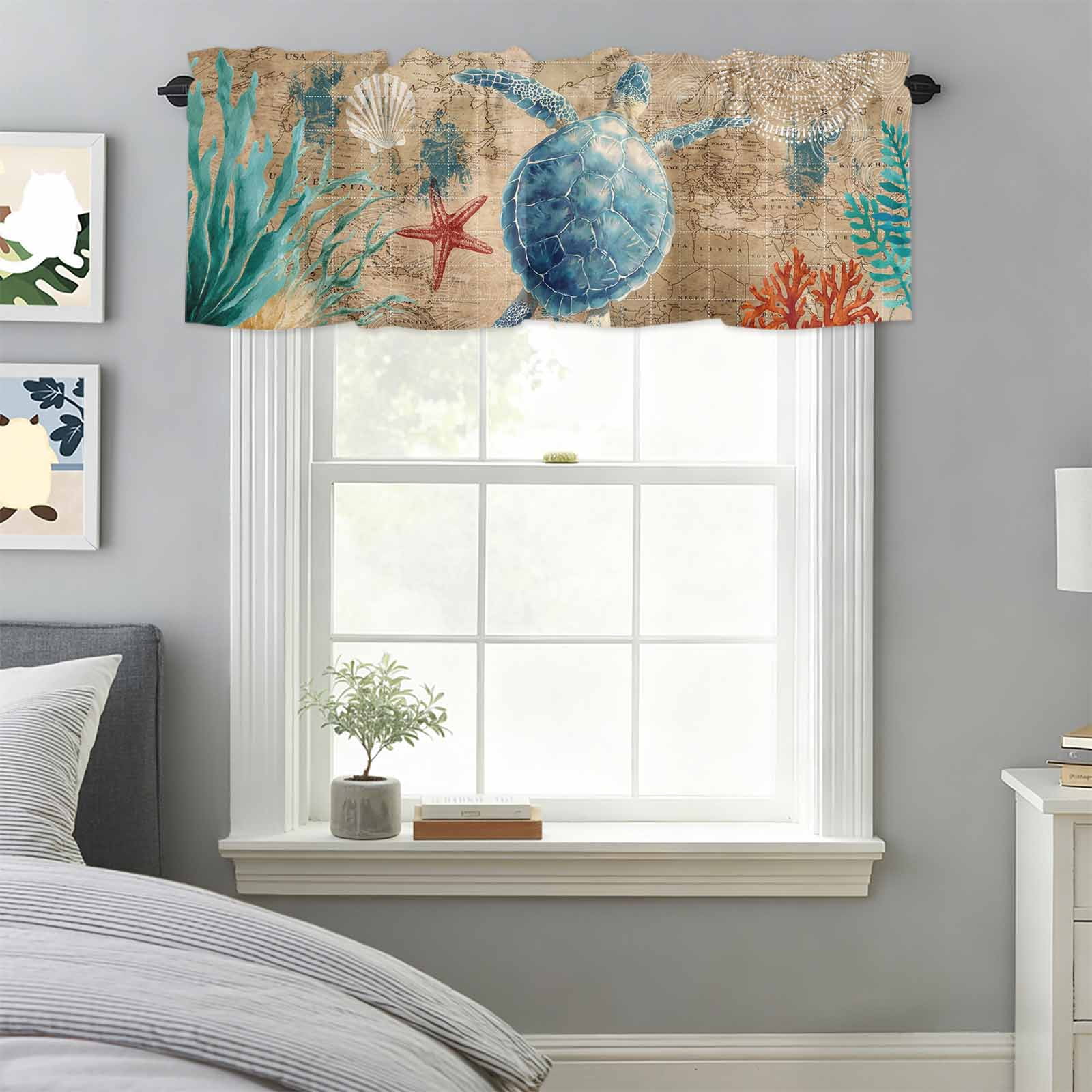 Curtain Valance for Windows, Marine Life Sea Turtles Kitchen Valances ...
