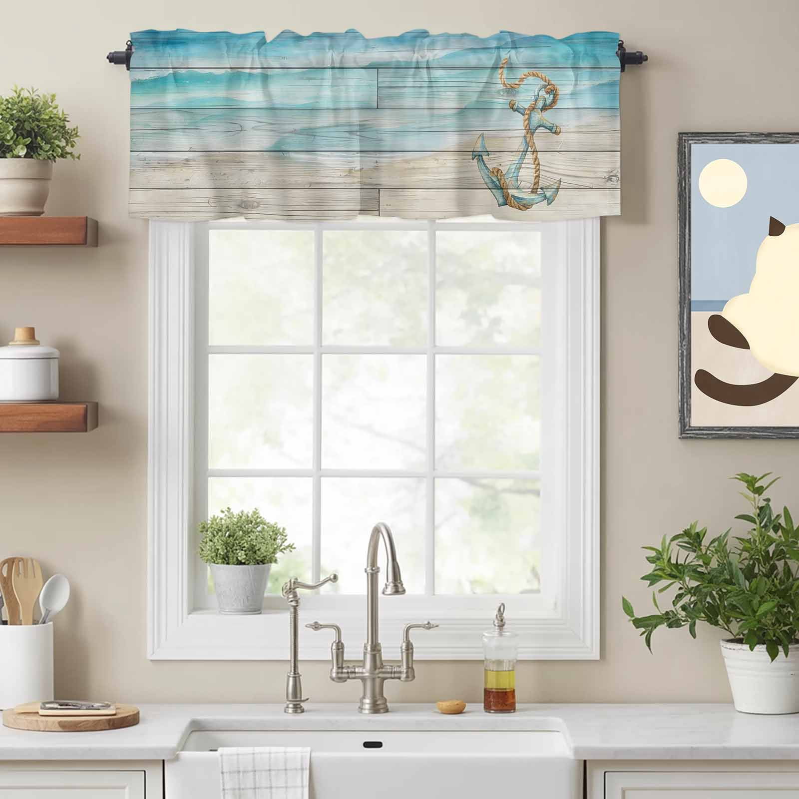 Curtain Valance for Windows, Marine Nautical Anchor Farm Wood Grain ...