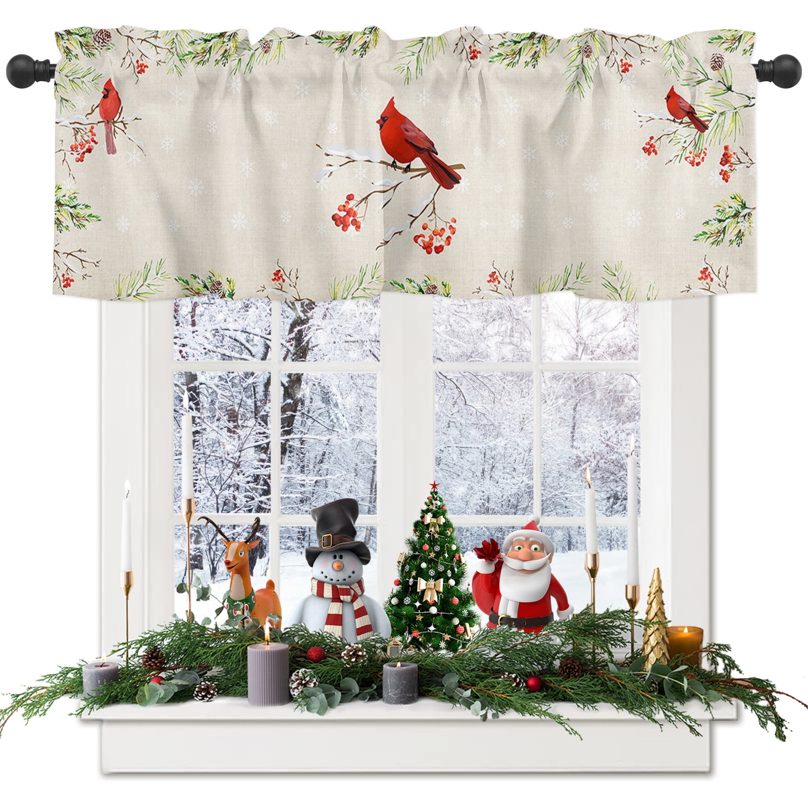 Curtain Valance for Windows Merry Christmas Cardinal Bird Berry Branch Kitchen Valances Rod ...