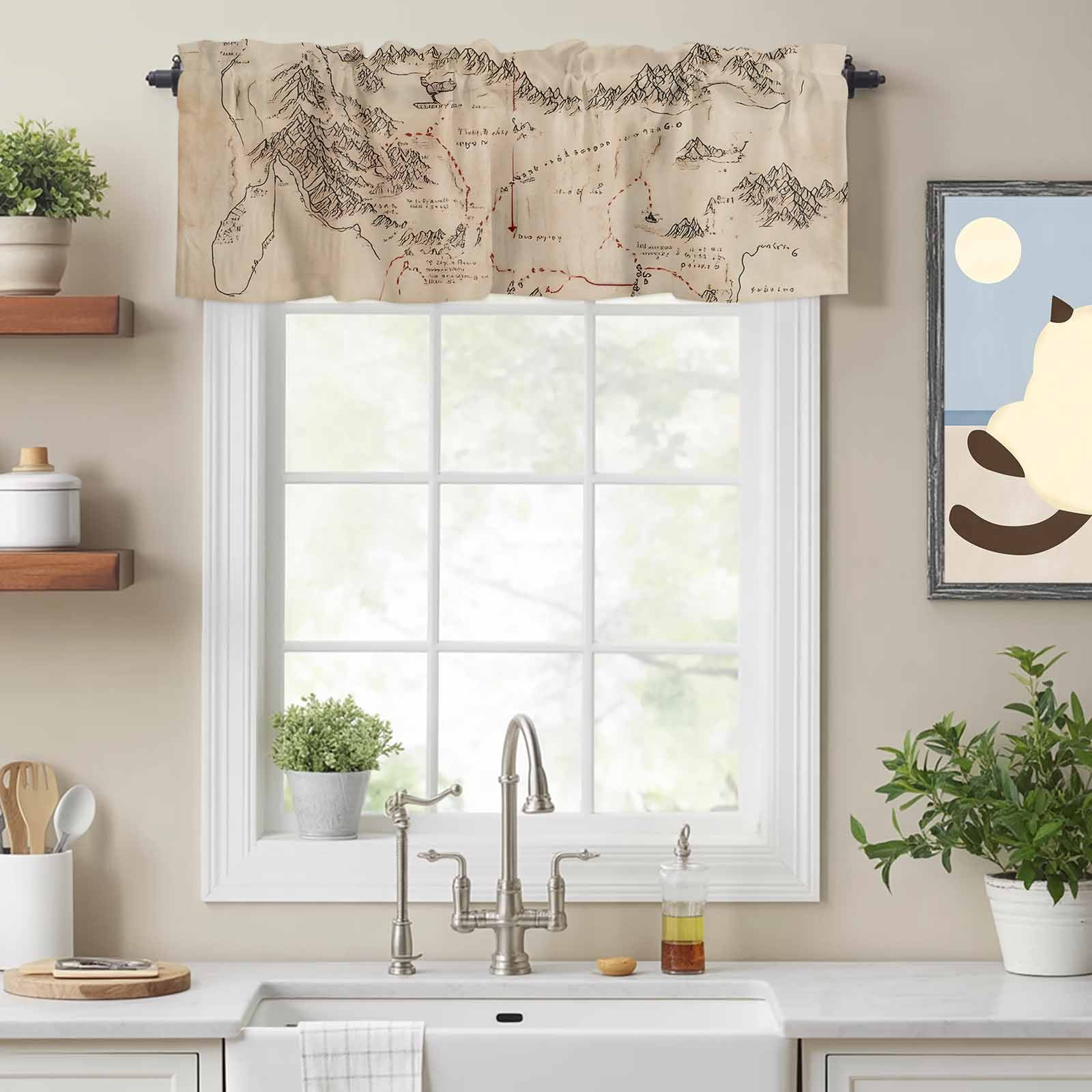 Curtain Valance for Windows, Middle Earth Map on Vintage Kitchen ...