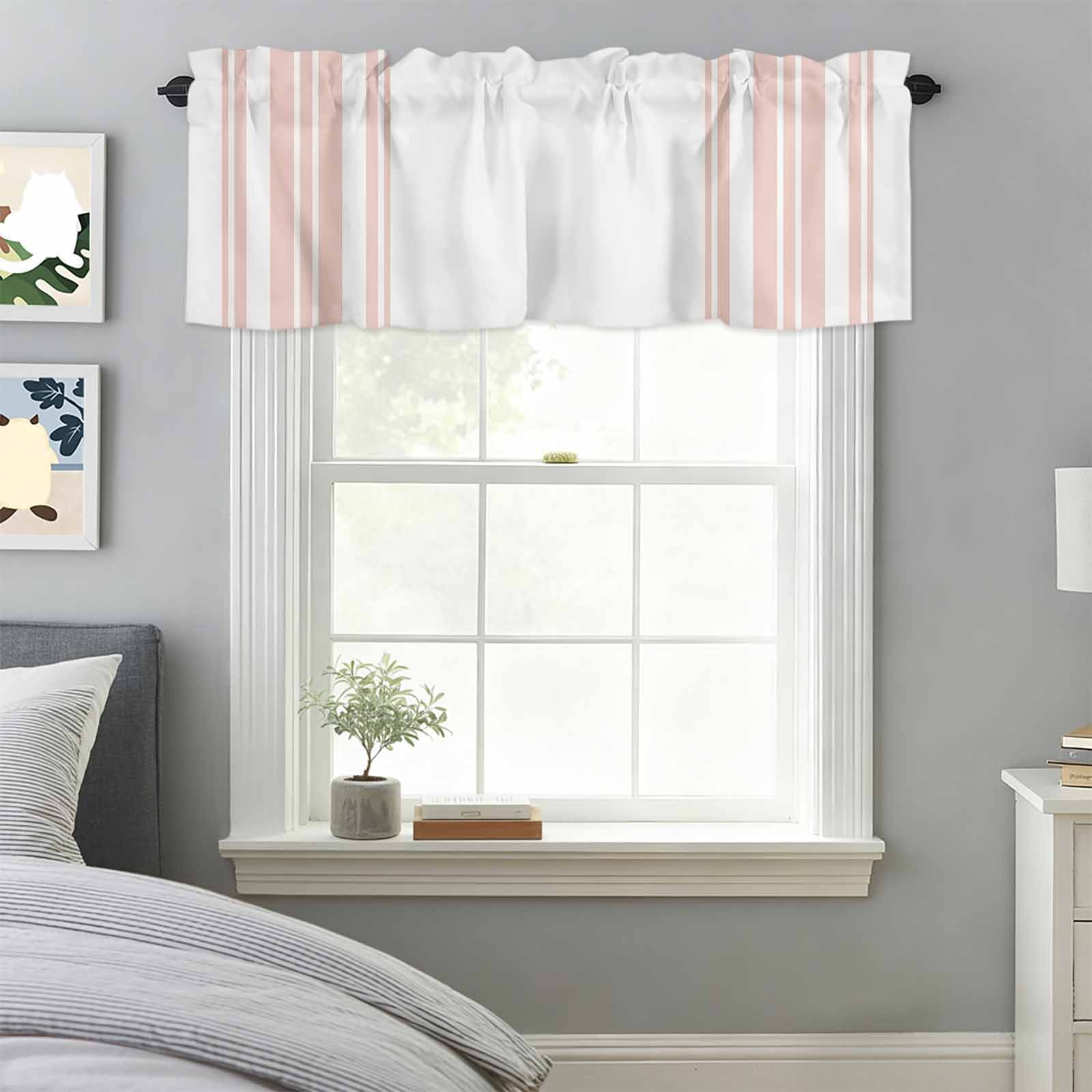 Curtain Valance for Windows, Minimalist Pink Striped Line on White ...
