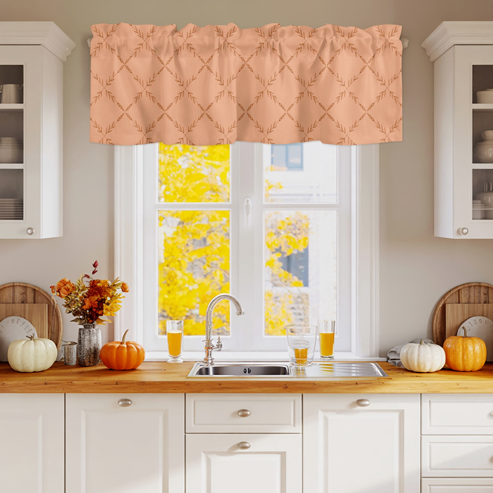 Curtain Valance for Windows, Modern Geometric Orange Plaid Kitchen ...