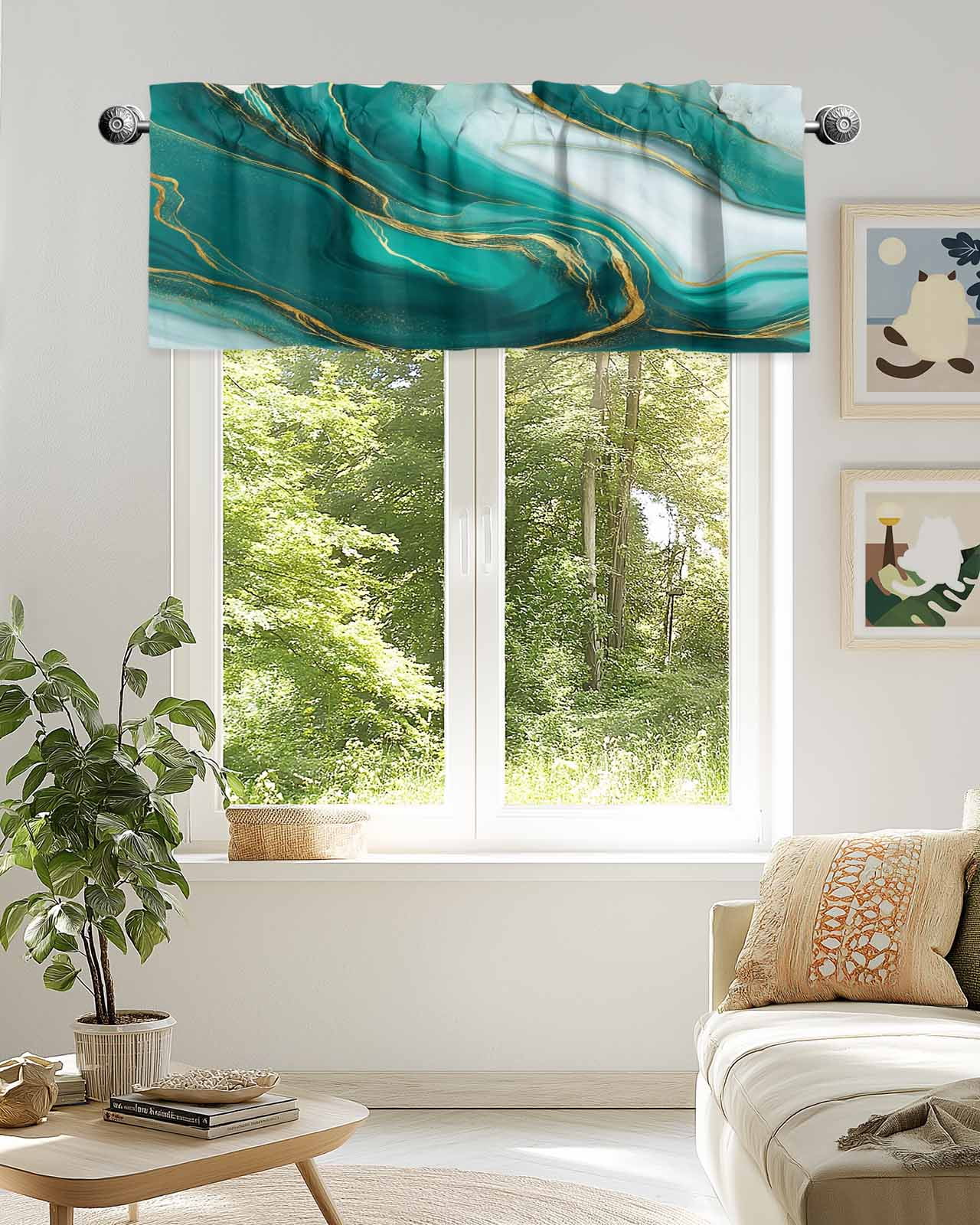 Curtain Valance for Windows,Modern Teal Marble Gold Line Kitchen ...
