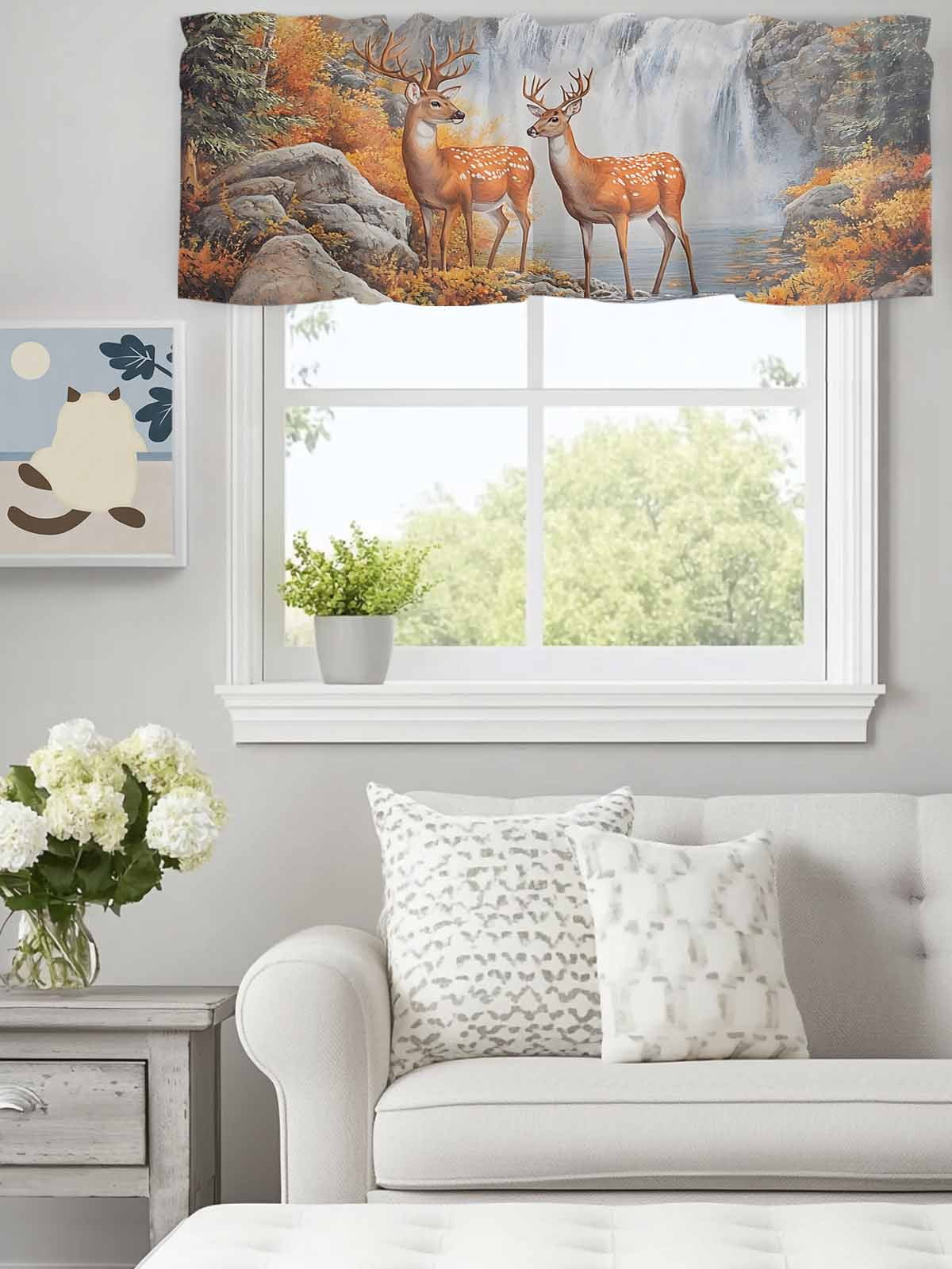 Curtain Valance for Windows, Natural Forest Waterfall Antlers Kitchen ...