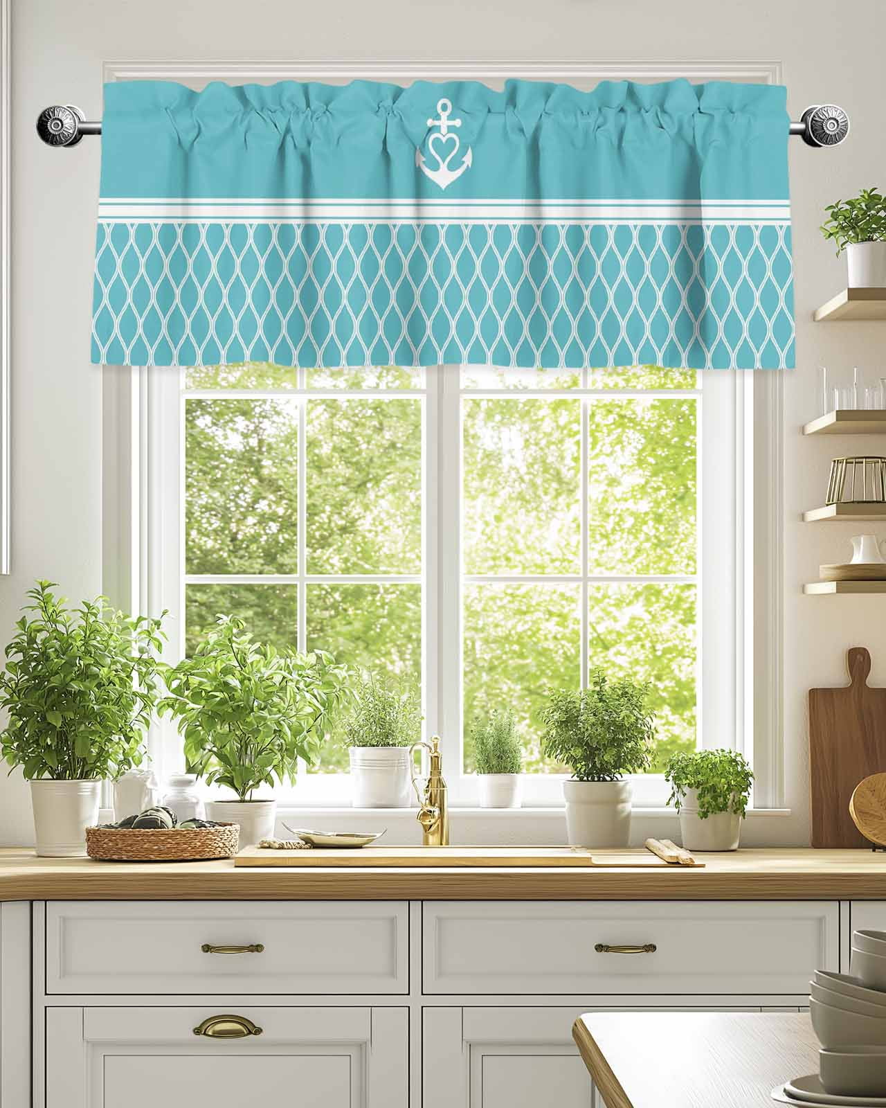 Curtain Valance for Windows,Nautical Anchor on Blue Background Kitchen ...