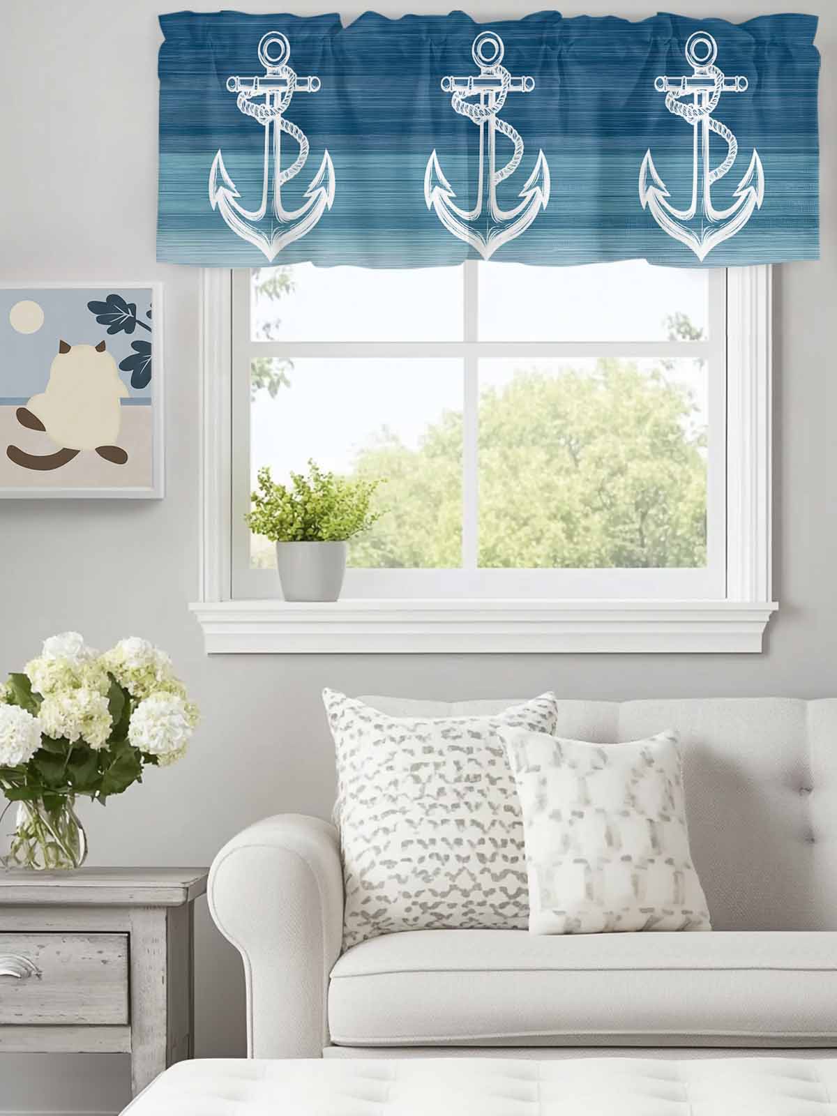 Curtain Valance for Windows,Nautical Anchor Blue Gradient Kitchen ...