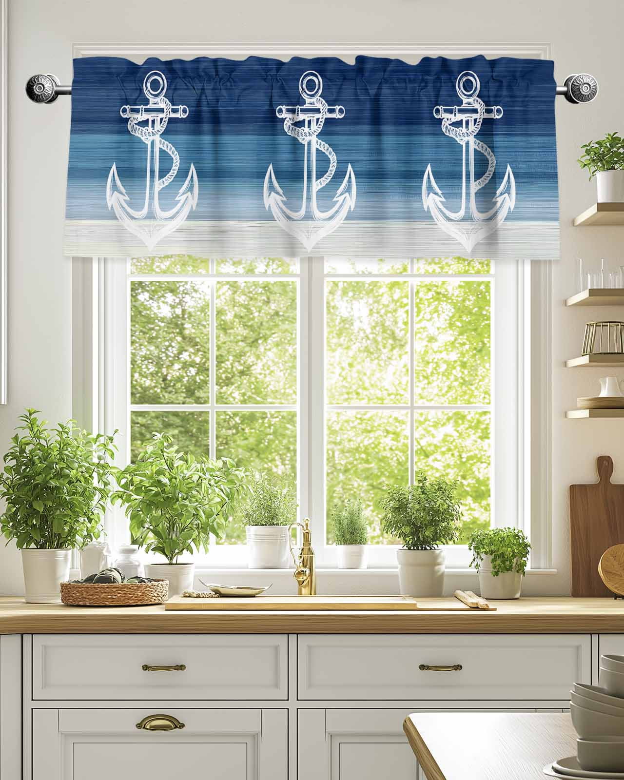Curtain Valance for Windows,Nautical Anchor Navy Blue Gradient Kitchen ...
