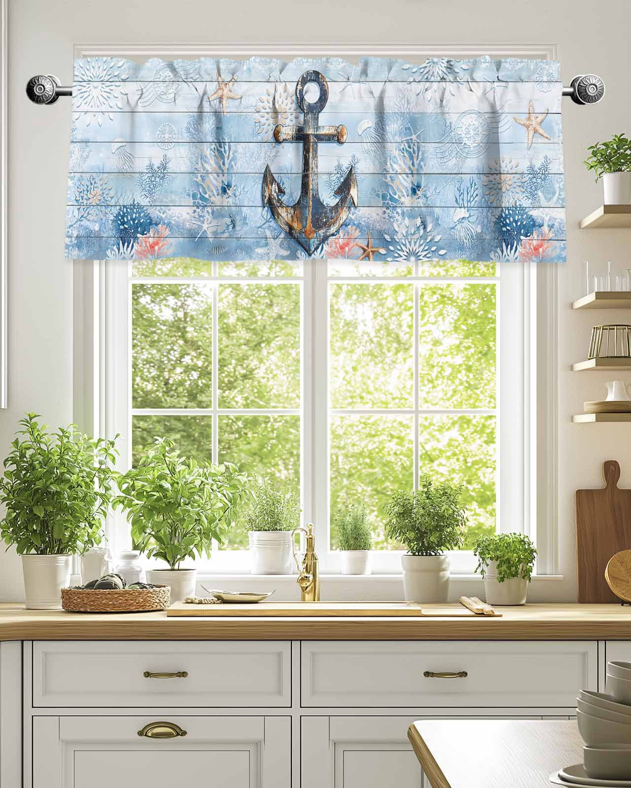 Curtain Valance for Windows,Nautical Anchor Starfish Coral Kitchen ...