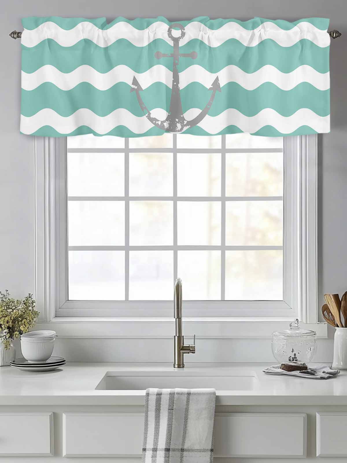 Curtain Valance for Windows,Nautical Anchor Teal Zigzag Ripple Chevron ...