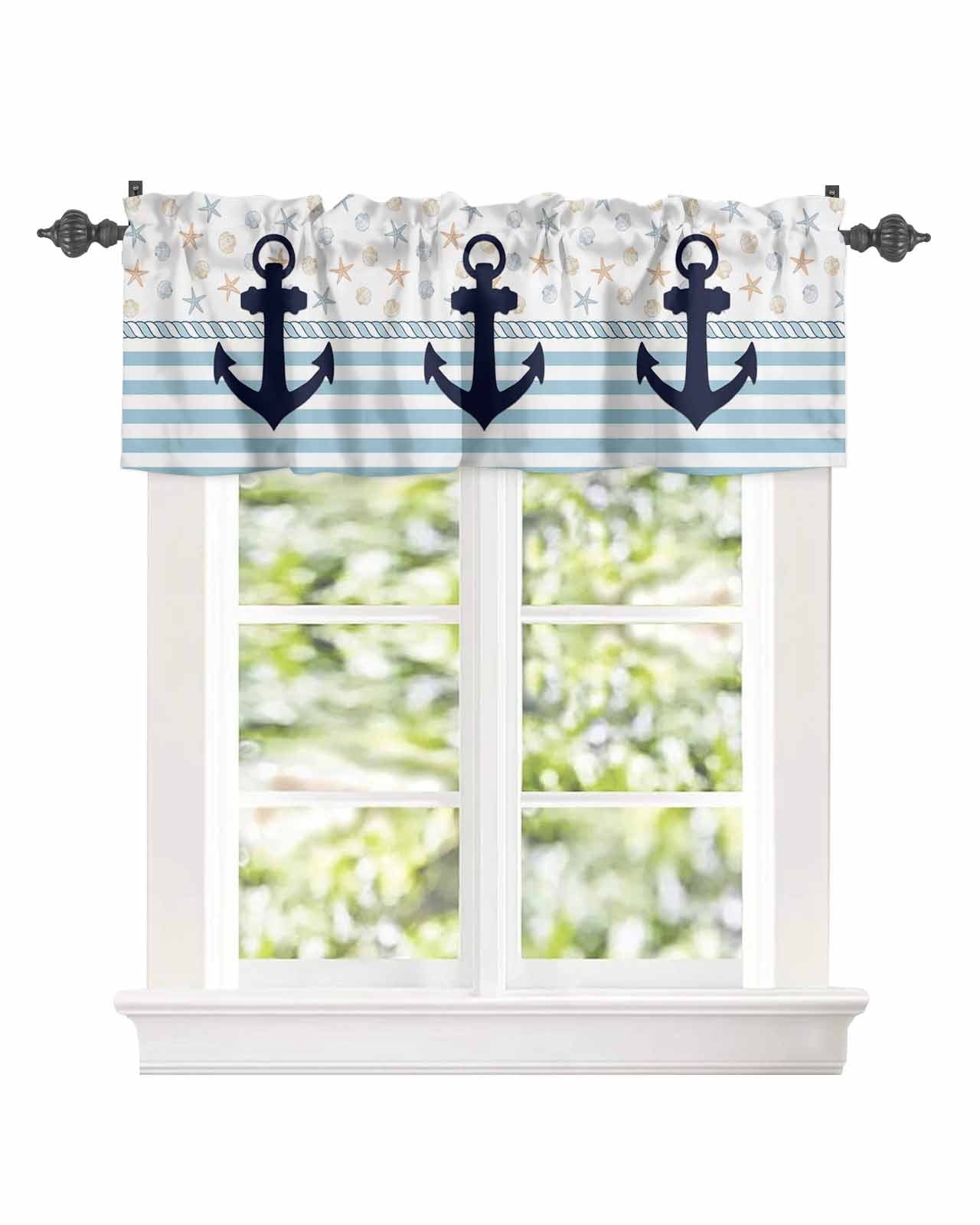 Curtain Valance for Windows Nautical Black Anchor Ocean Starfish ...