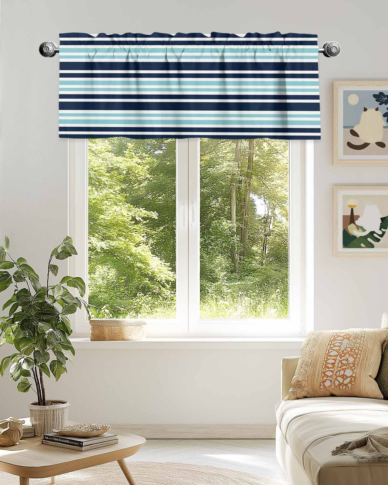 Curtain Valance for Windows,Nautical Navy Blue Contrast Stripe Kitchen ...
