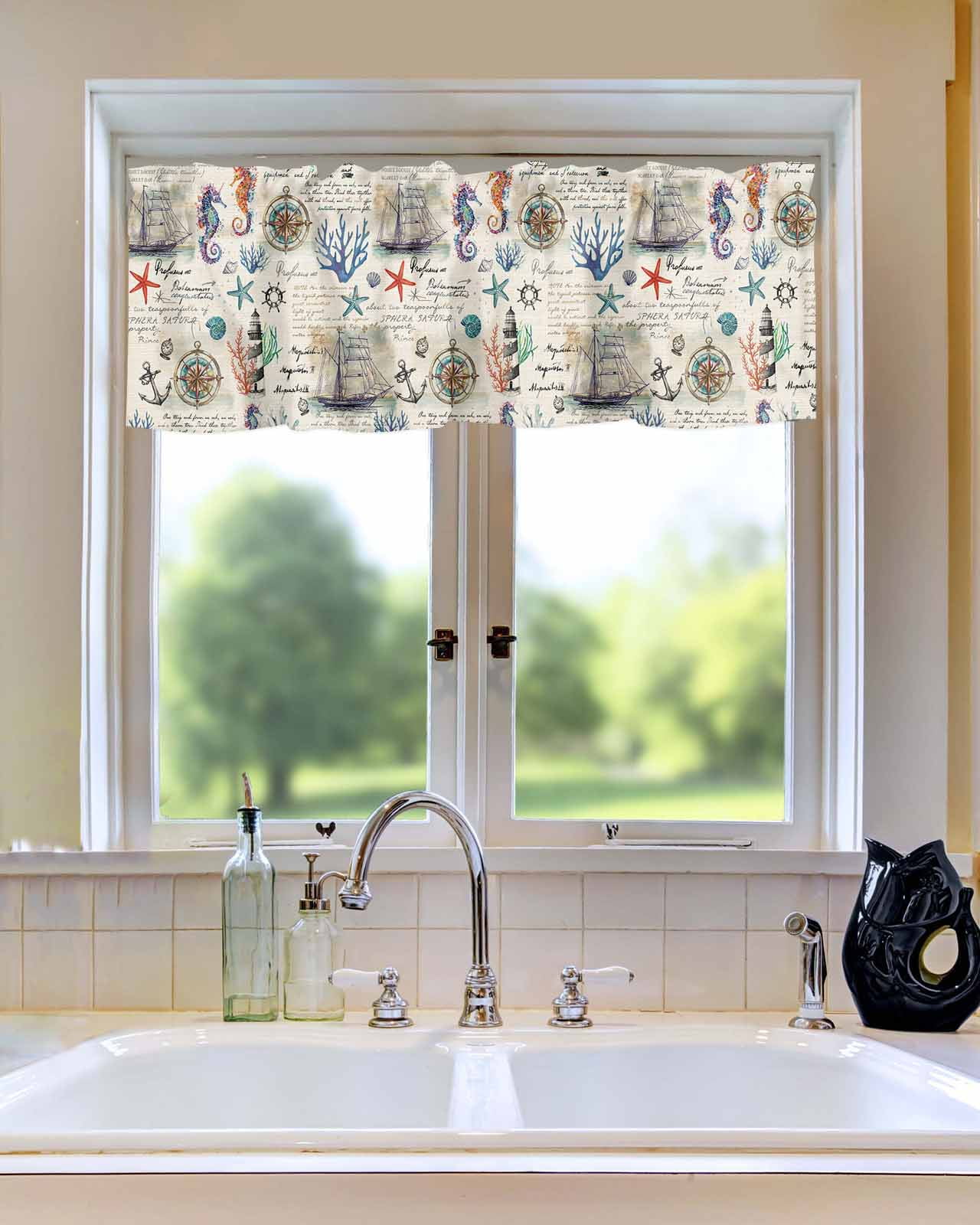 Curtain Valance for Windows Nautical Retro Boat Compass Kitchen ...