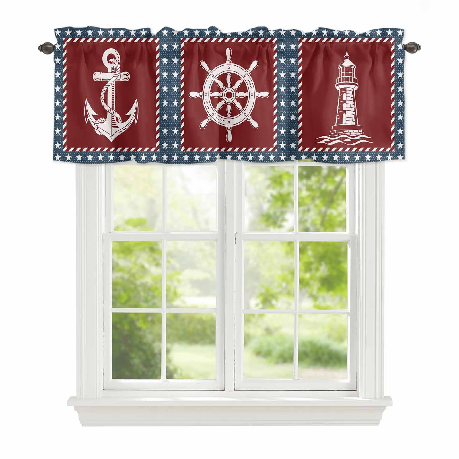 Curtain Valance for Windows, Nautical Sailing Anchor Compass Kitchen ...