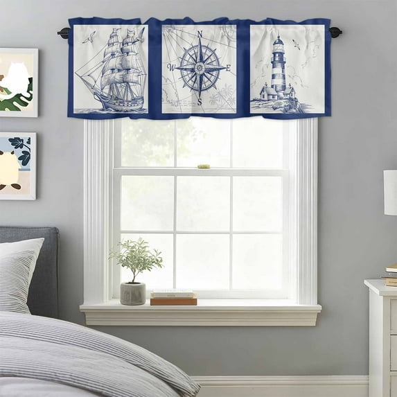 Curtain Valance for Windows, Navy Blue Compass Sailing Ship Plaid ...