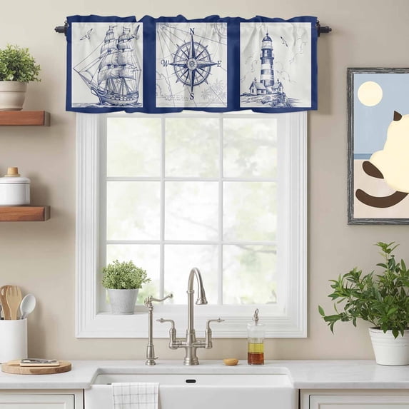 Curtain Valance for Windows, Navy Blue Compass Sailing Ship Plaid ...