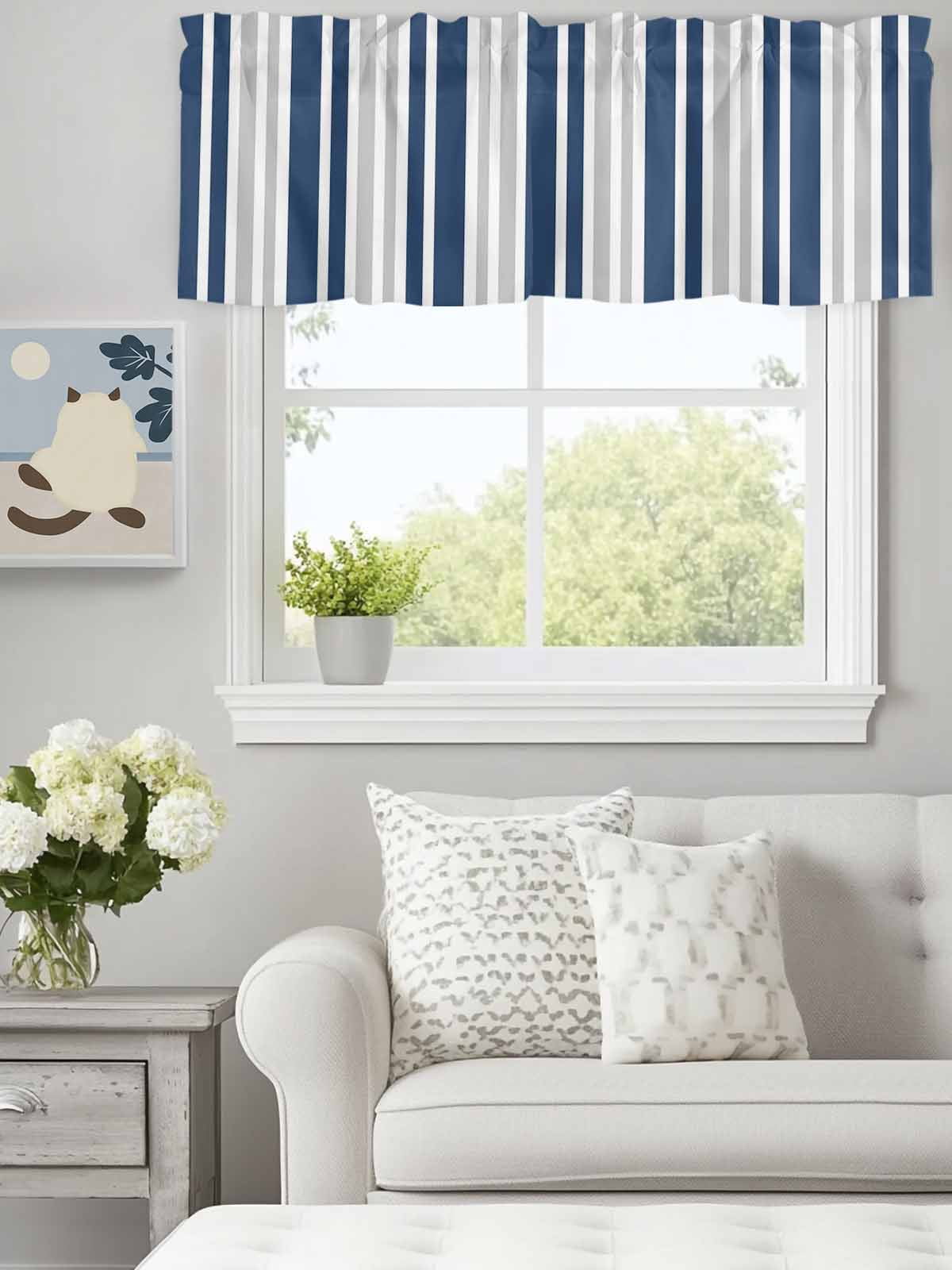 Curtain Valance for Windows, Navy Blue Grey Striped Country Kitchen ...