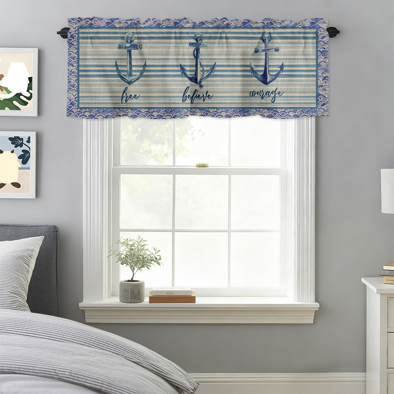 Curtain Valance for Windows, Ocean Anchor Stripe Inspired Text Kitchen ...