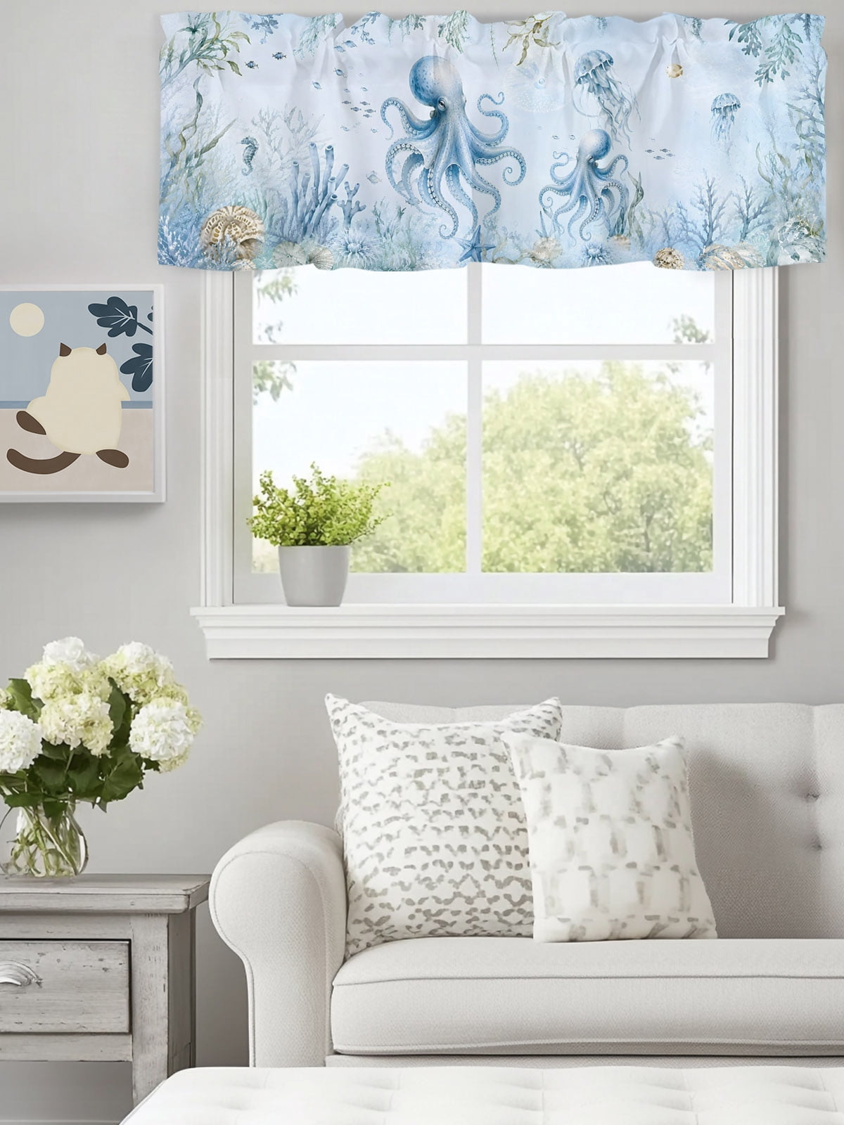 Curtain Valance for Windows, Ocean Blue Octopus Jellyfish Coral Kitchen ...